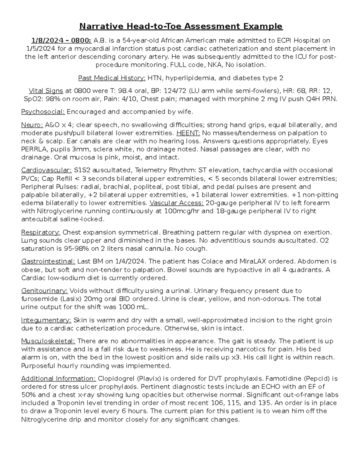 Narrative HTTA-Example - Narrative Head-to-Toe Assessment Example 1/8 ...