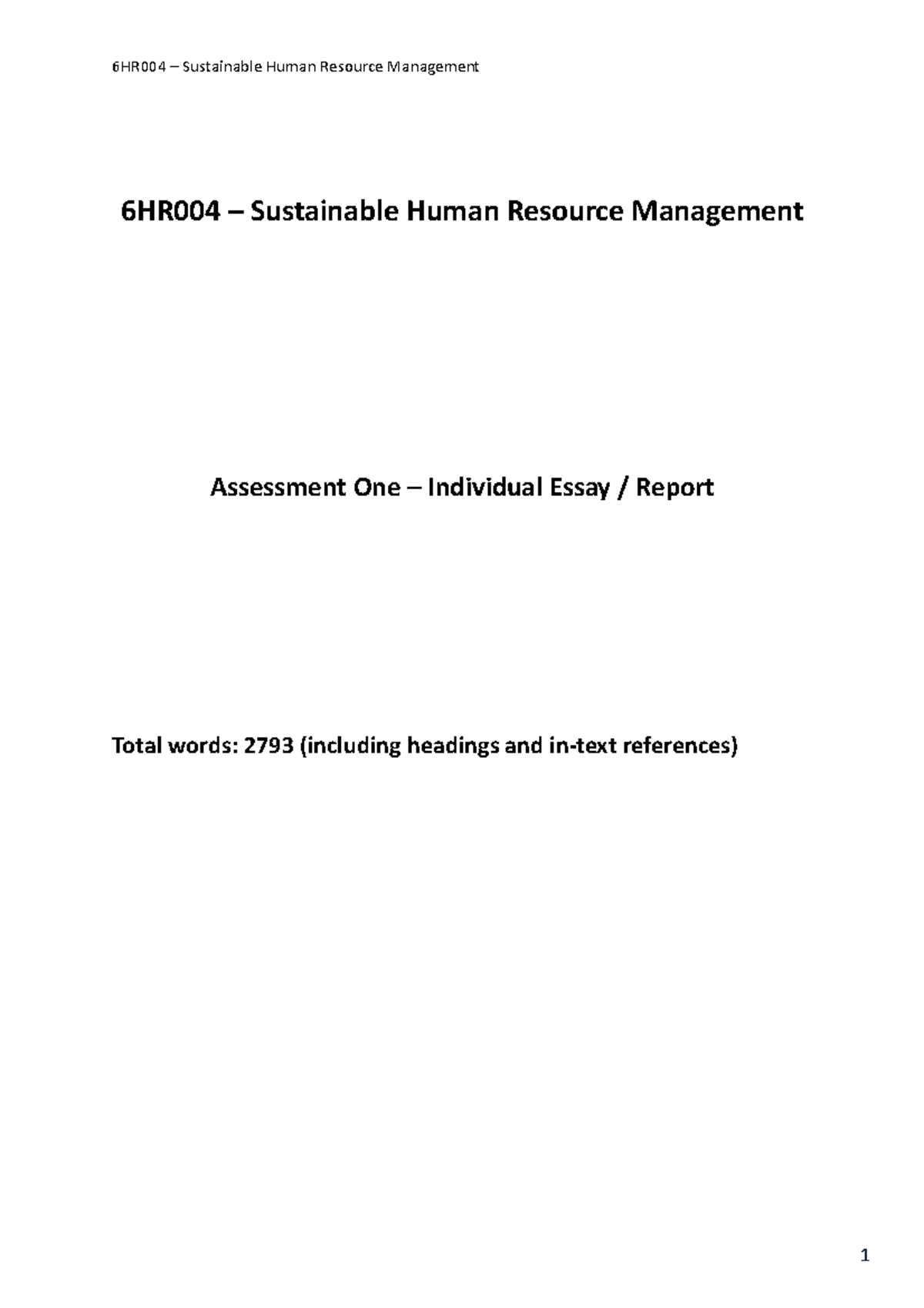 Sustainability assignment 1520514 - 6HR004 – Sustainable Human Resource ...