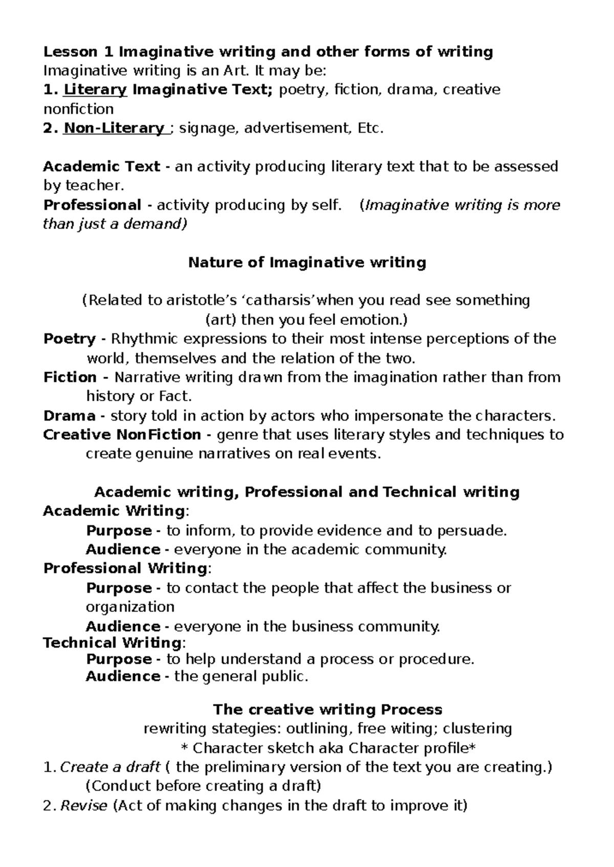 Creative Writing Notes - Lesson 1 Imaginative writing and other forms ...