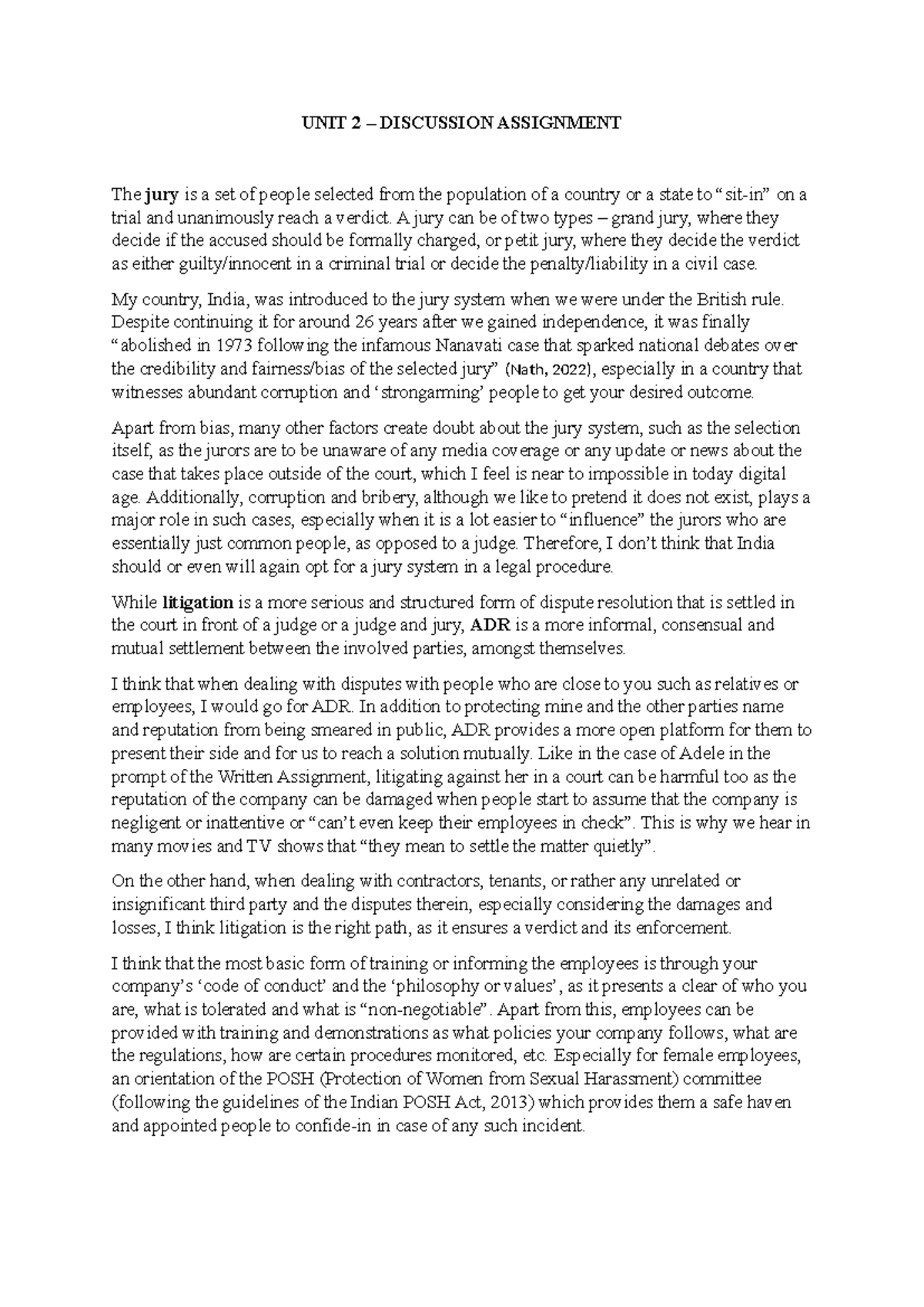 Unit 2 - Discussion Assignment - UNIT 2 – DISCUSSION ASSIGNMENT The jury is a set of people ...