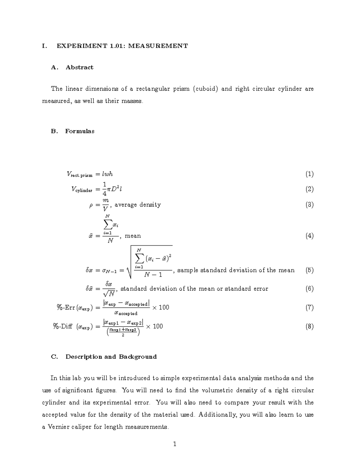 Physics Lab 1 - I. EXPERIMENT 1: MEASUREMENT A. Abstract The linear ...