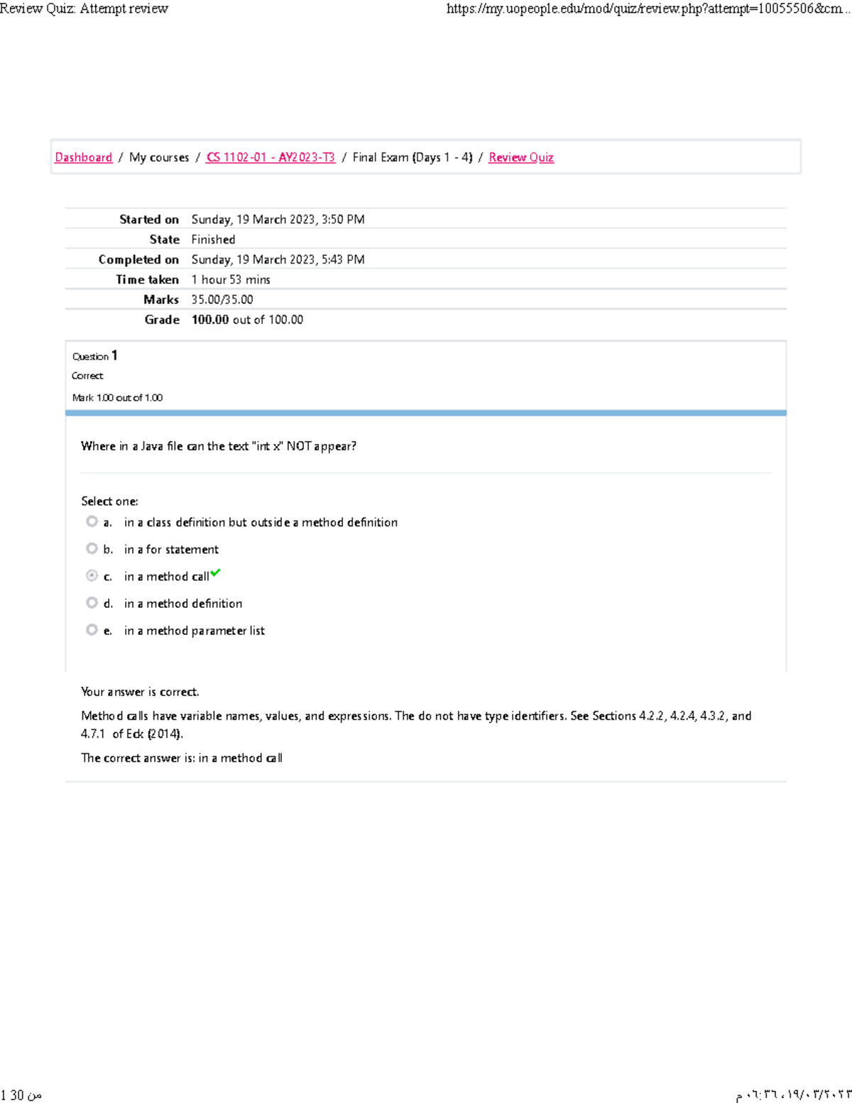 Review Quiz Attempt review - Started on Sunday, 19 March 2023, 3:50 PM ...