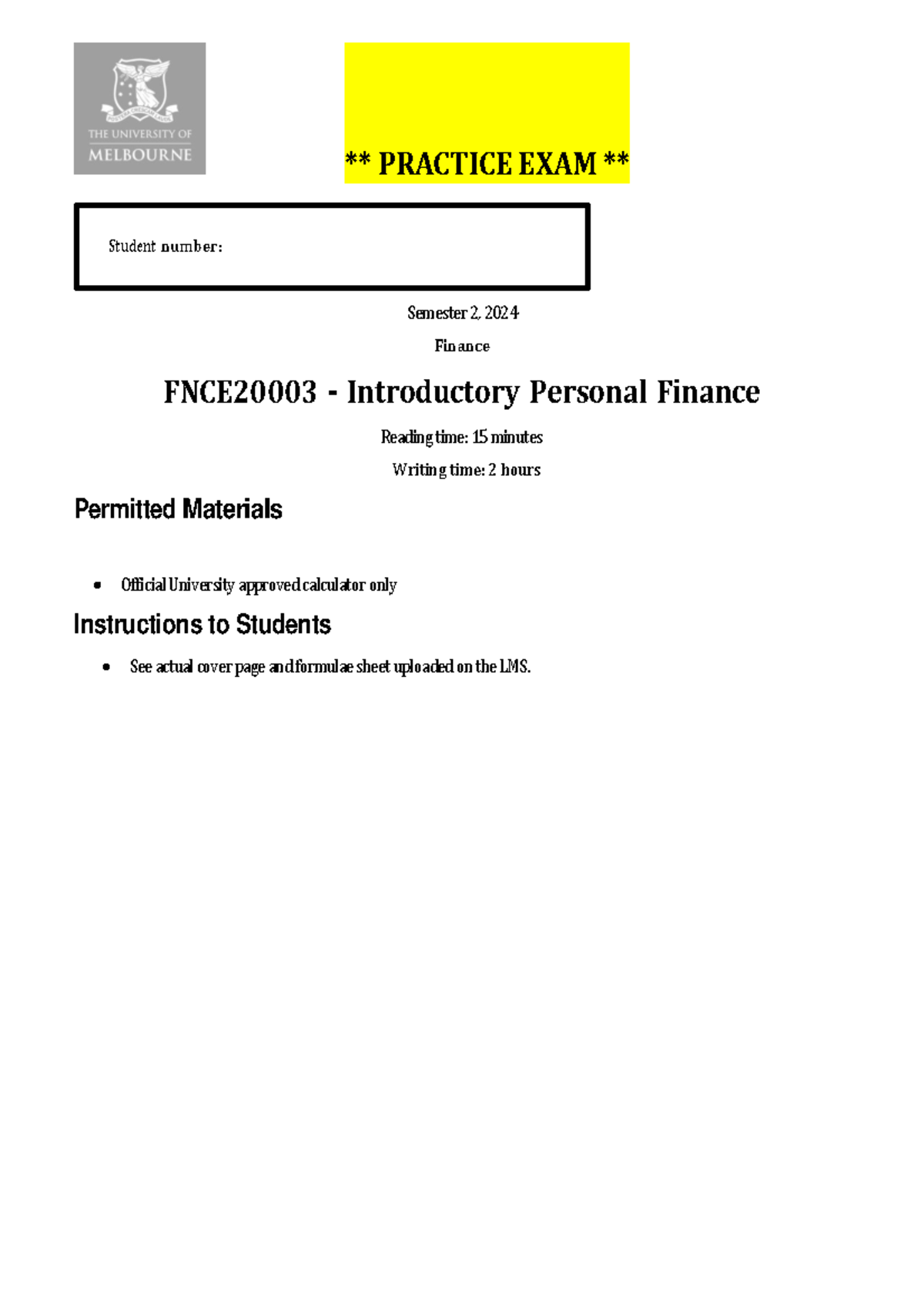 FNCE2000 3 IPF Practice Exam 2024 - ** PRACTICE EXAM ** Semester 2 ...