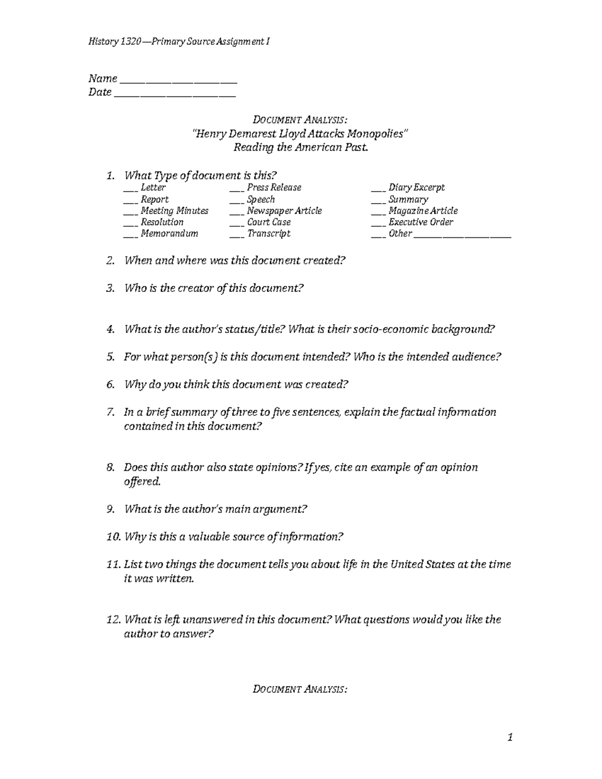 Primary Source Assignment I Worksheet - History 1320—Primary Source Assignment I Name - Studocu
