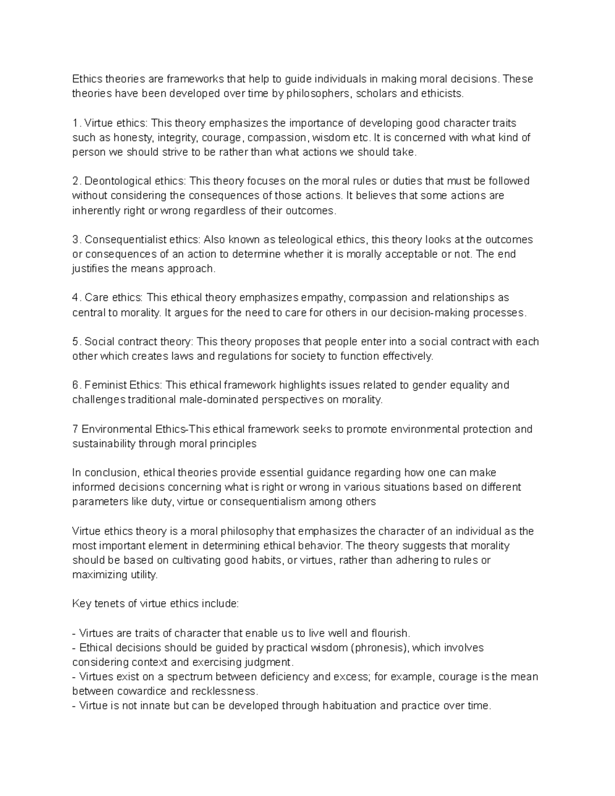 Notes for class multiple chapters - Ethics theories are frameworks that ...