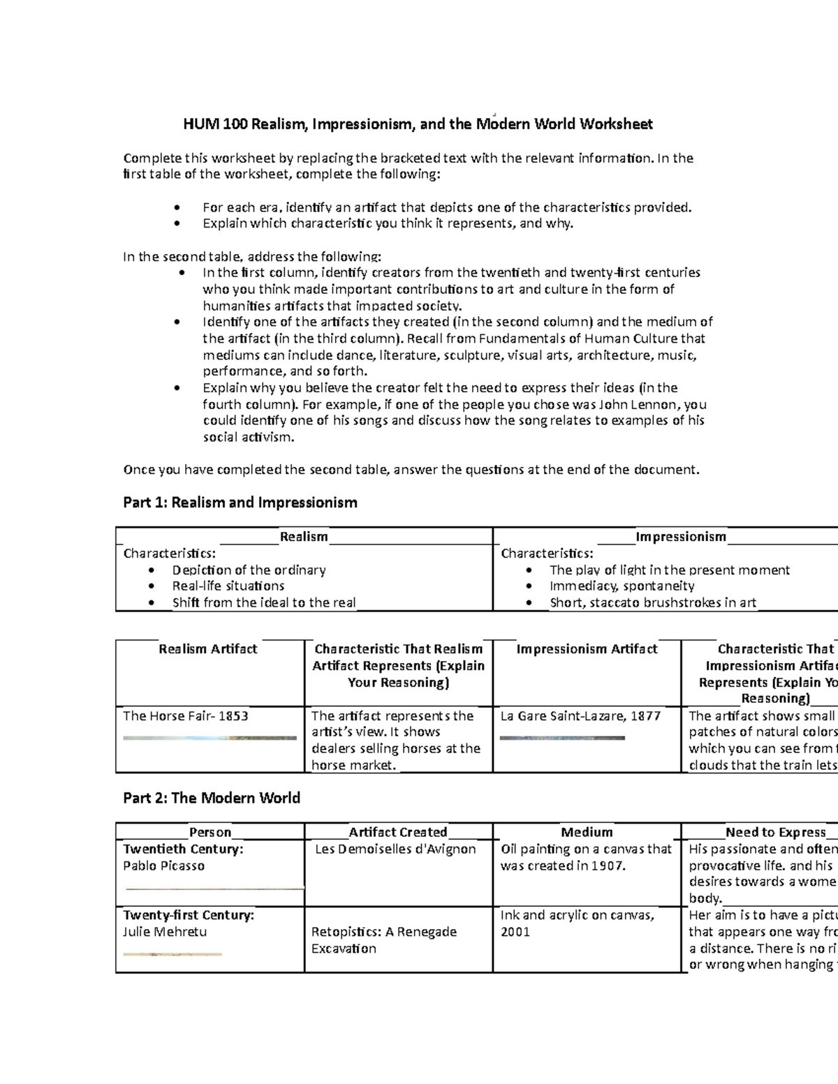 HUM 100 Realism Impressionism and the Modern World Worksheet - MAT240 ...