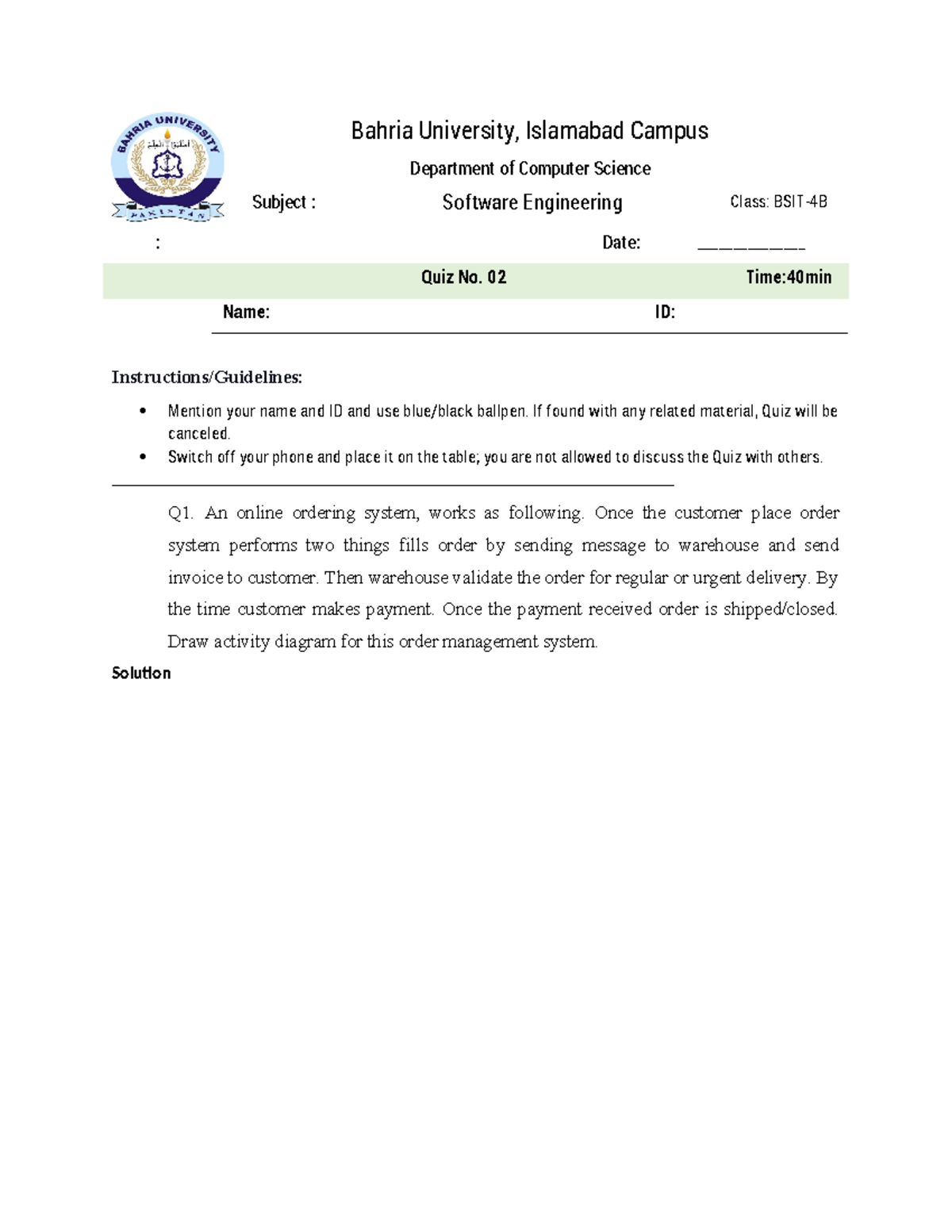 Quiz 2 solution 13122023 065034 pm - Bahria University, Islamabad ...