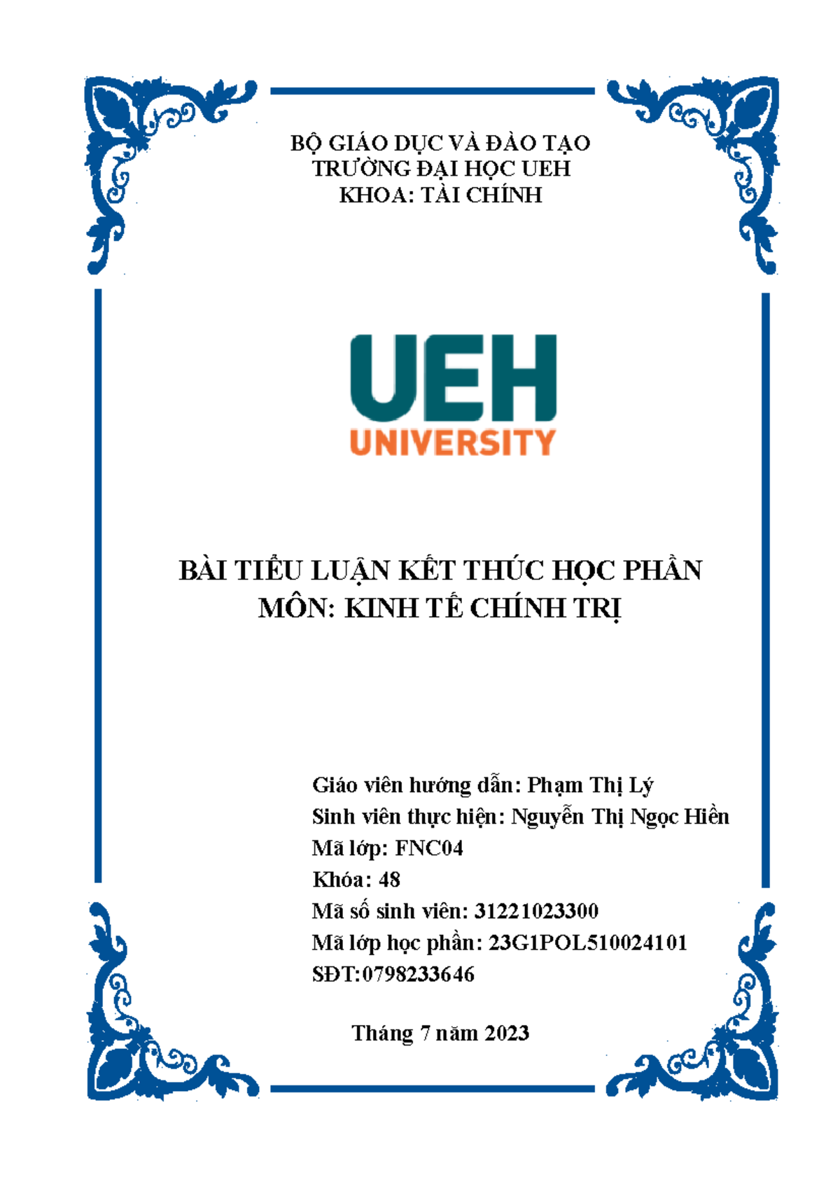 Tiểu luận KTHP KTCT - BỘ GIÁO DỤC VÀ ĐÀO TẠO TRƯỜNG ĐẠI HỌC UEH KHOA: TÀI CHÍNH BÀI TIỂU LUẬN ...