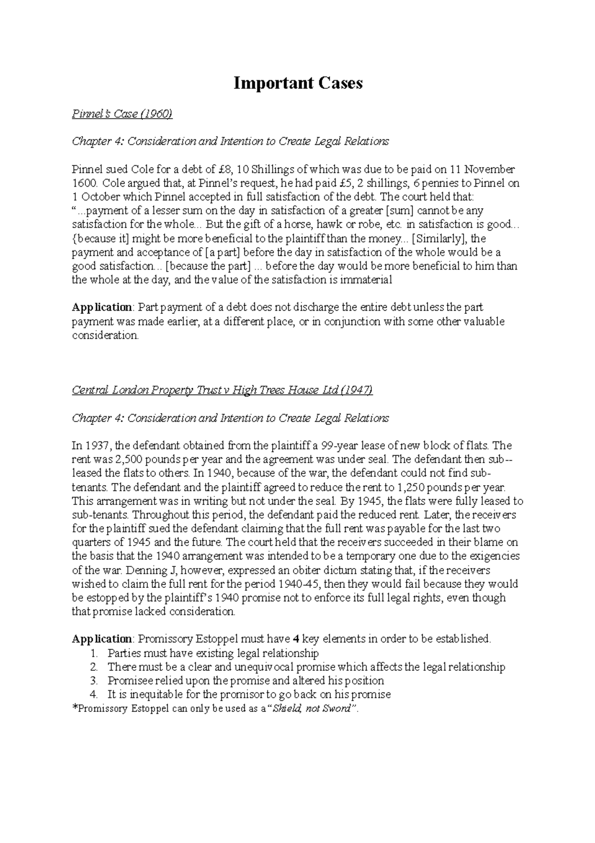 Prominent Cases & Acts (BIZ LAW) - Important Cases Pinnel’s Case (1960 ...