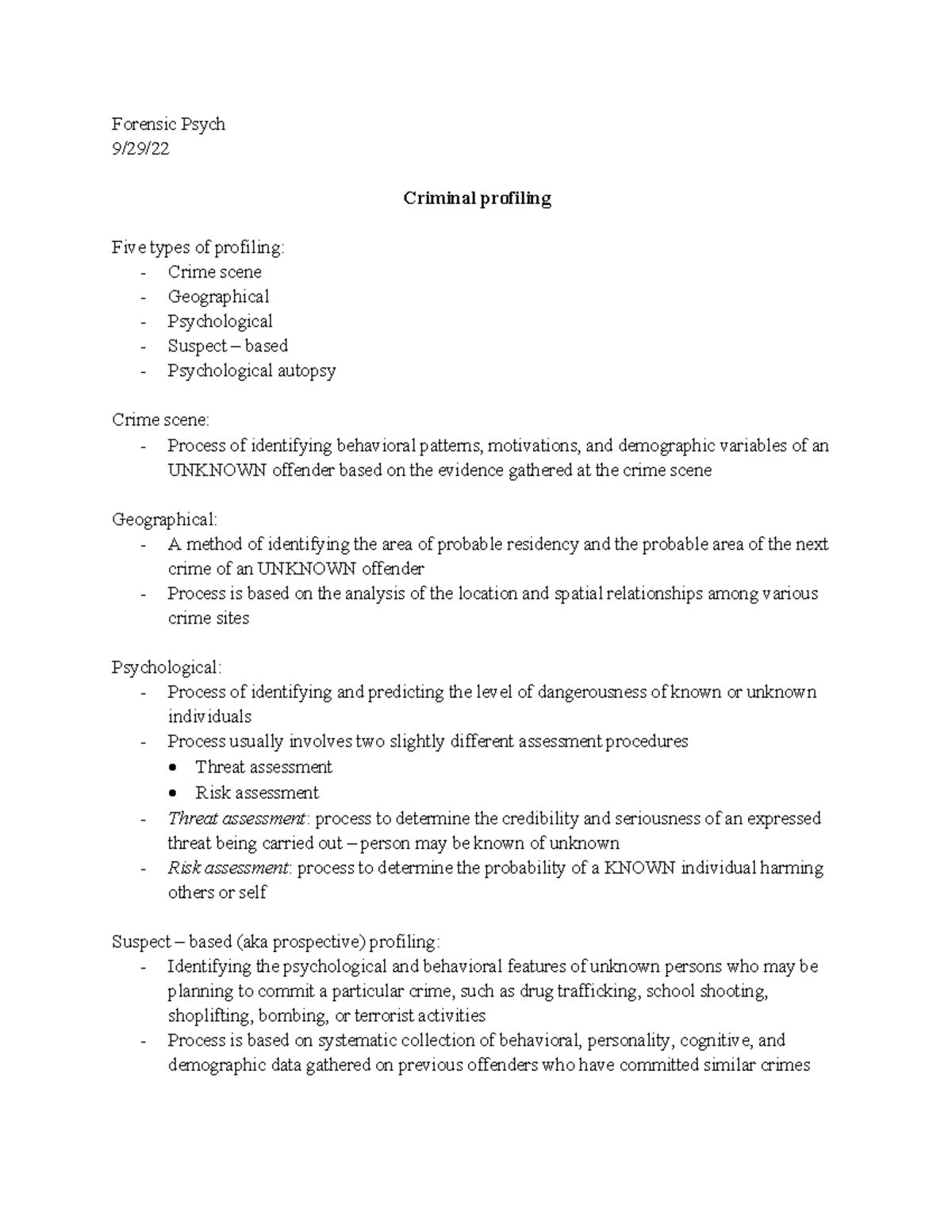 Forensic Psych notes 9-29 - Forensic Psych 9/29/ Criminal profiling ...