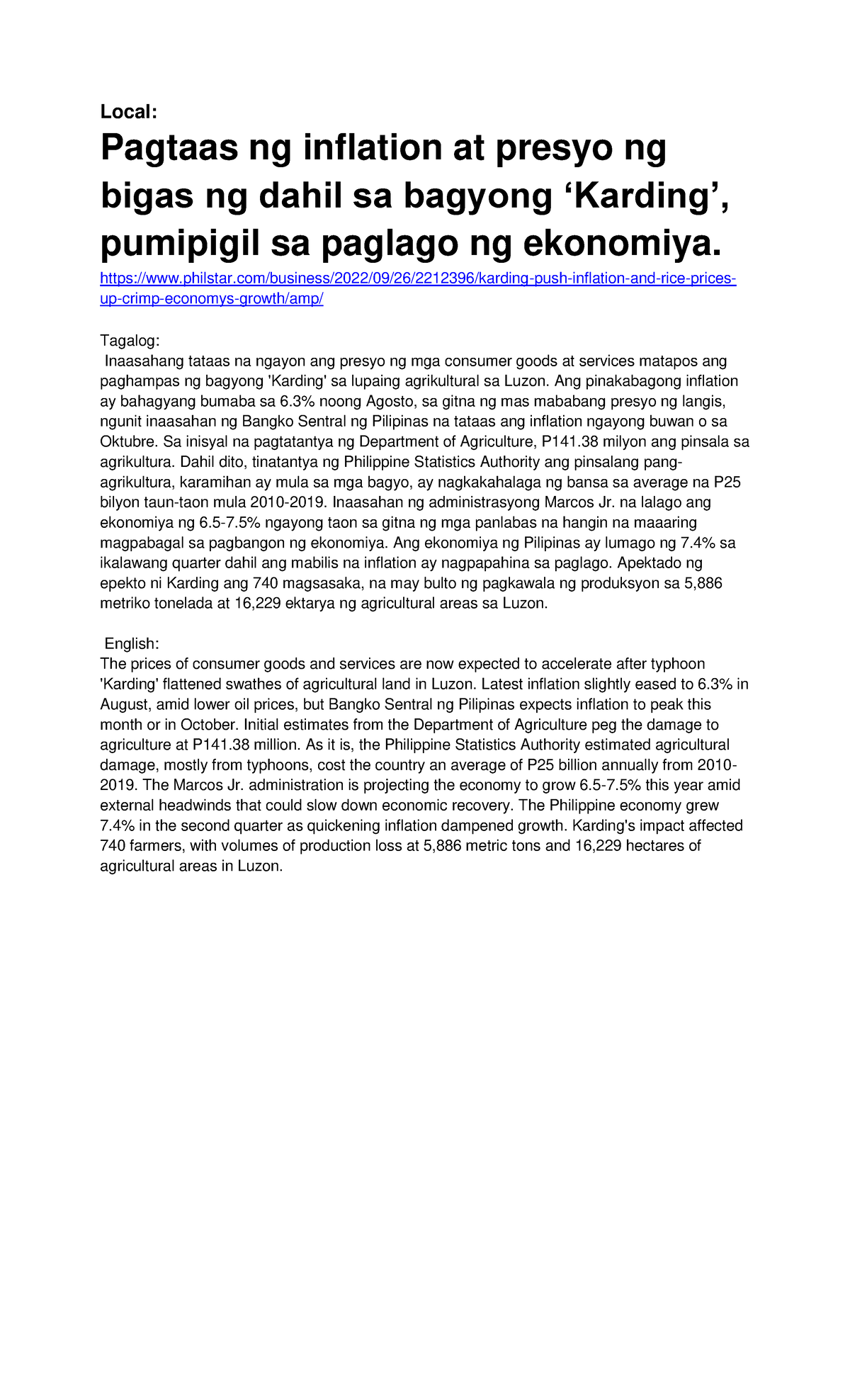 Group-1-News-Report - Study - Local: Pagtaas ng inflation at presyo ng bigas ng dahil sa bagyong ...