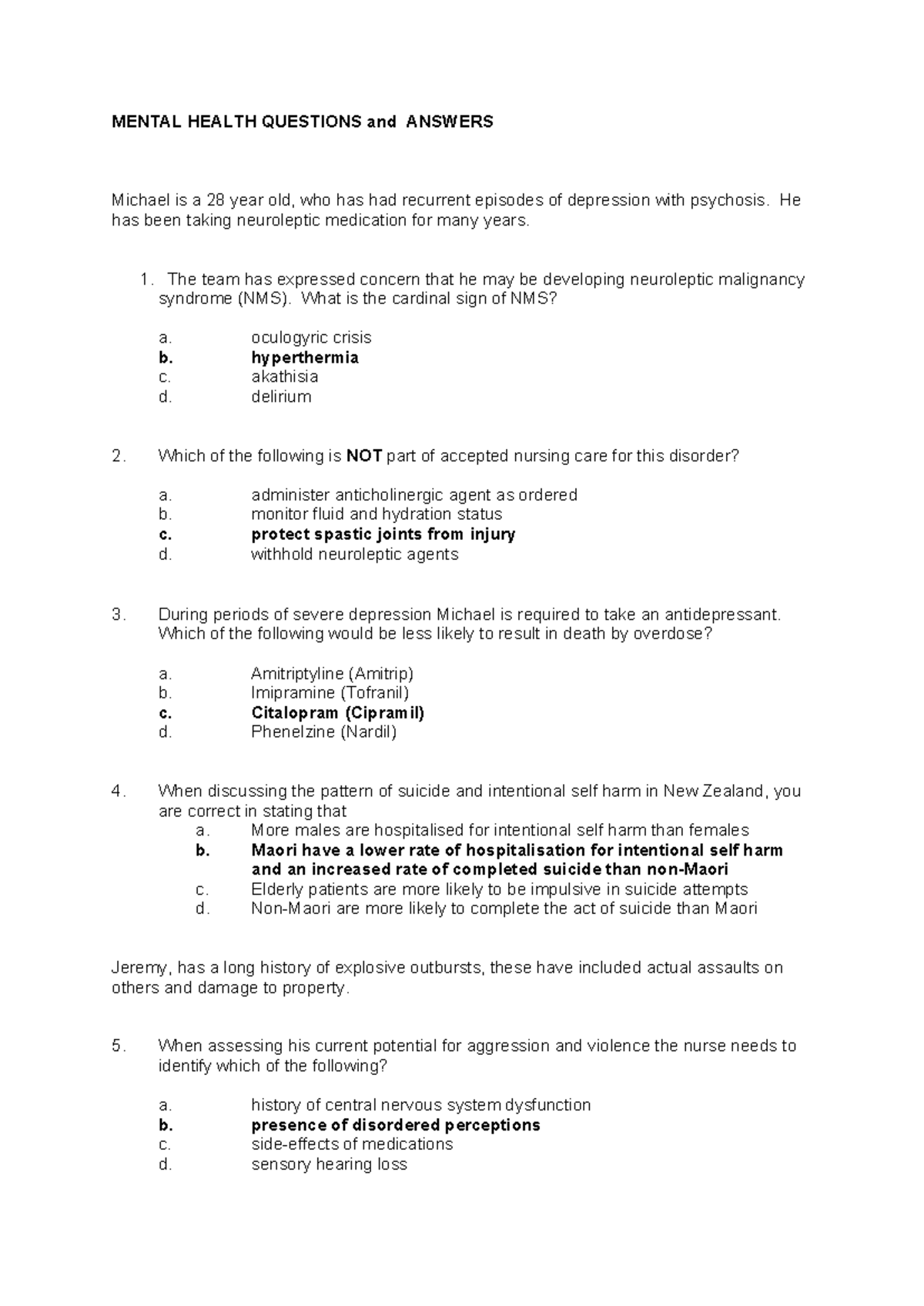 Mental Health Questions and Answers - MENTAL HEALTH QUESTIONS and ...