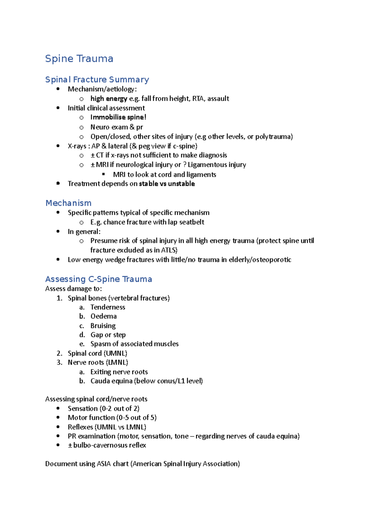 Spinal Trauma - Fractures - Spine Trauma Spinal Fracture Summary o high ...