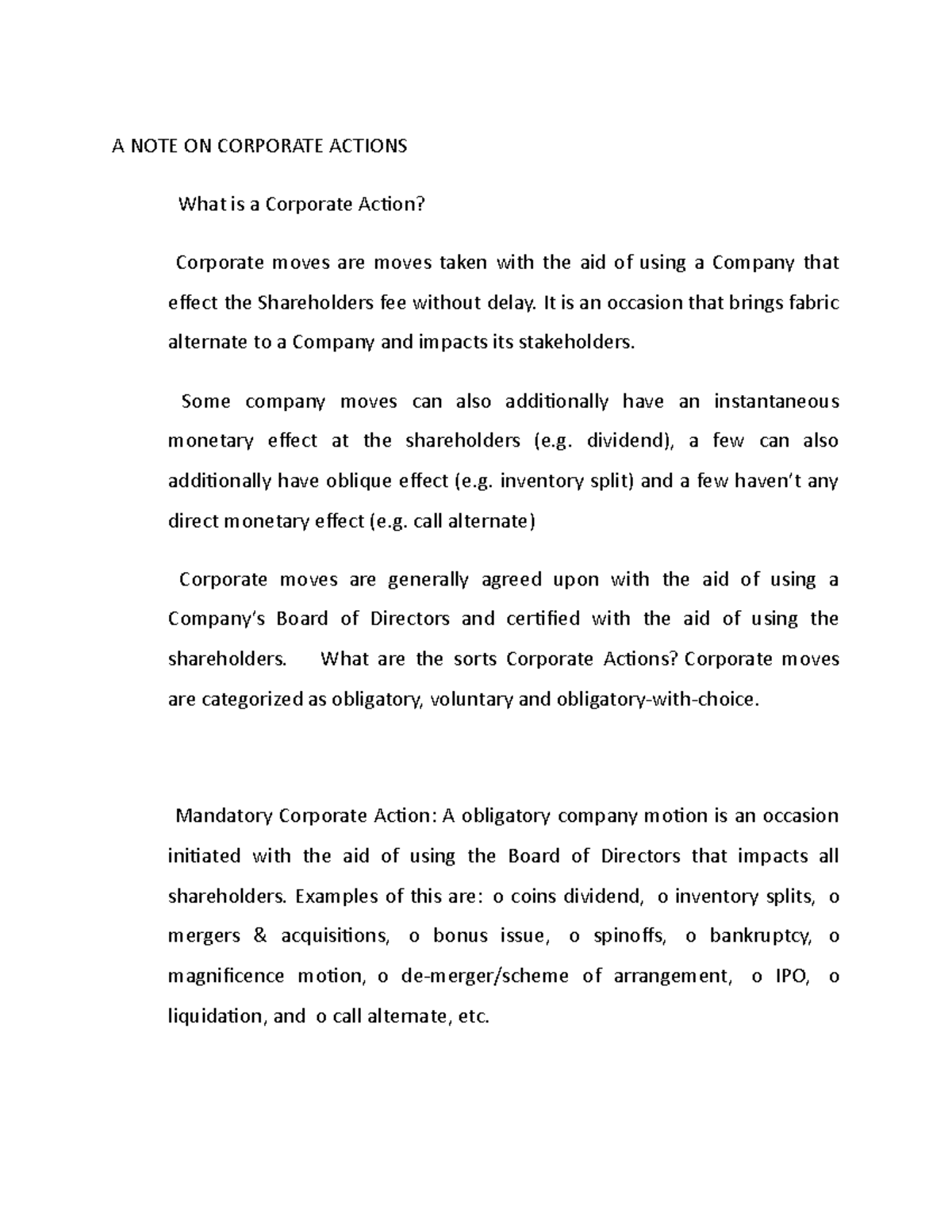 Final Corporate notes - A NOTE ON CORPORATE ACTIONS What is a Corporate ...