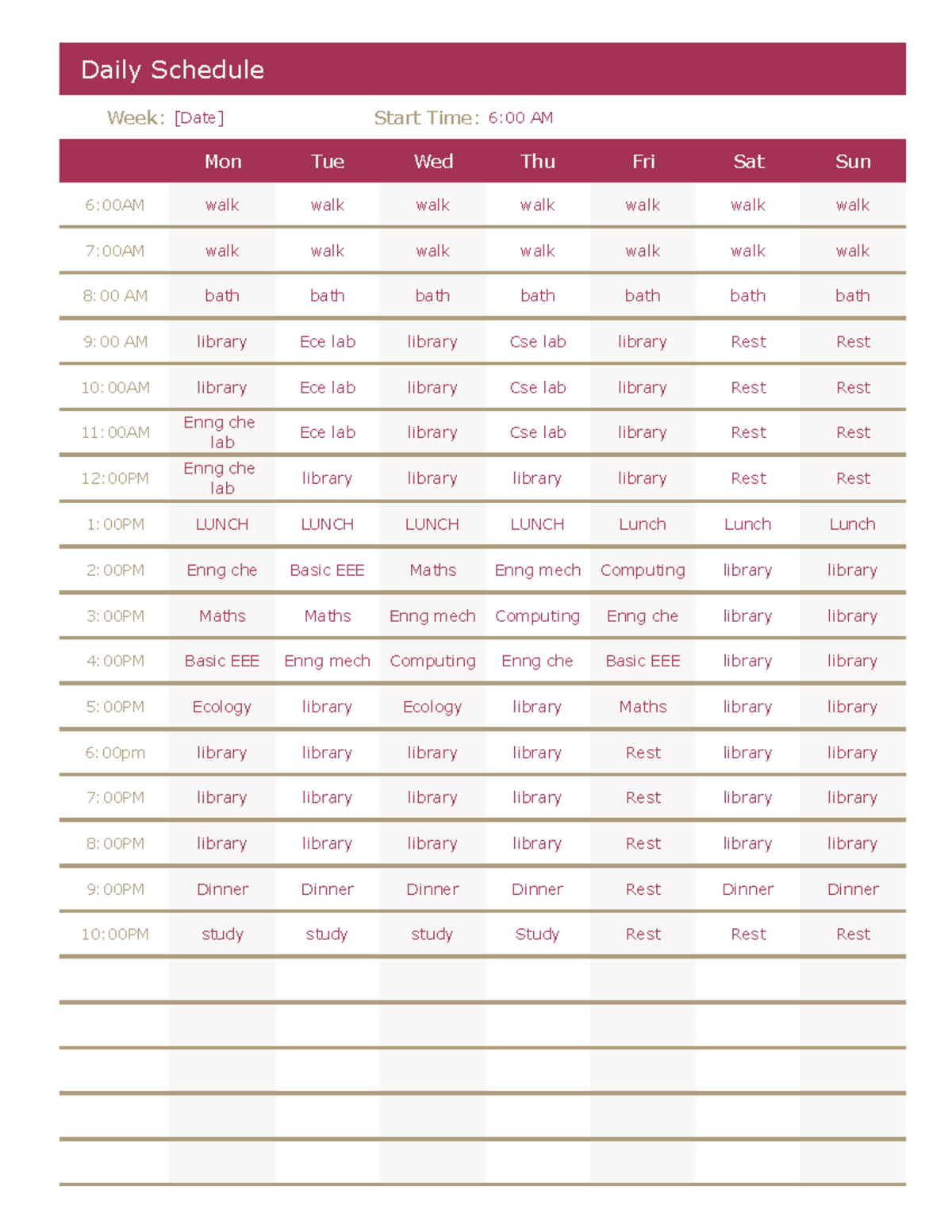Book - Daily Schedule Week: [Date] Start Time: 6:00 AM Mon Tue Wed Thu Fri Sat Sun 6:00AM walk ...