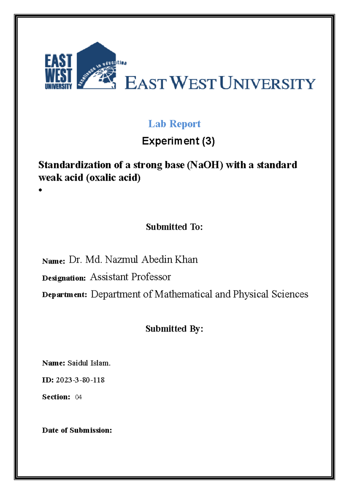 CHE 109 Lab 3 - CHE 109 Lab Report. - Engineering Chemistry - Lab ...