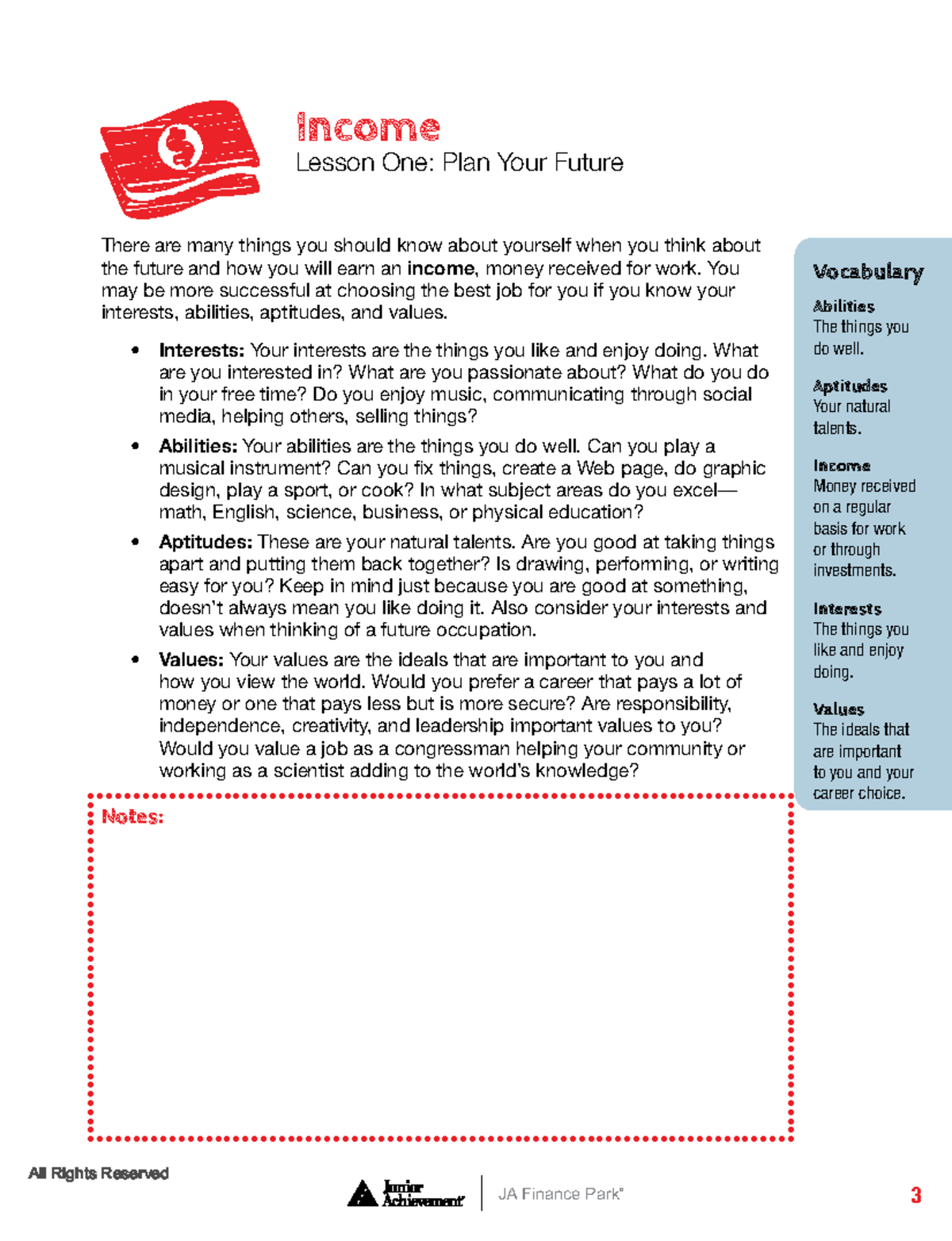 JA Day 1 Student Pages - Income Lesson One: Plan Your Future There are ...