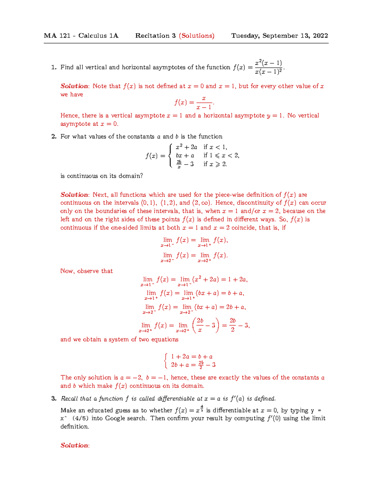 MA121 22F1 Rc3 sol - Professor: Denis Serbin - MA 121 - Calculus 1A Recitation 3 (Solutions ...
