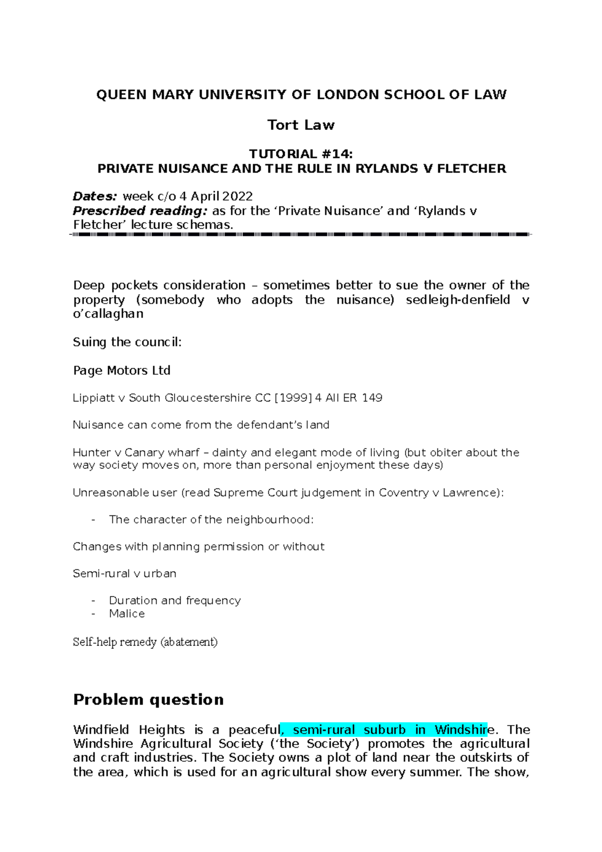 Nuisance tutorial - QUEEN MARY UNIVERSITY OF LONDON SCHOOL OF LAW Tort Law TUTORIAL #14: PRIVATE ...
