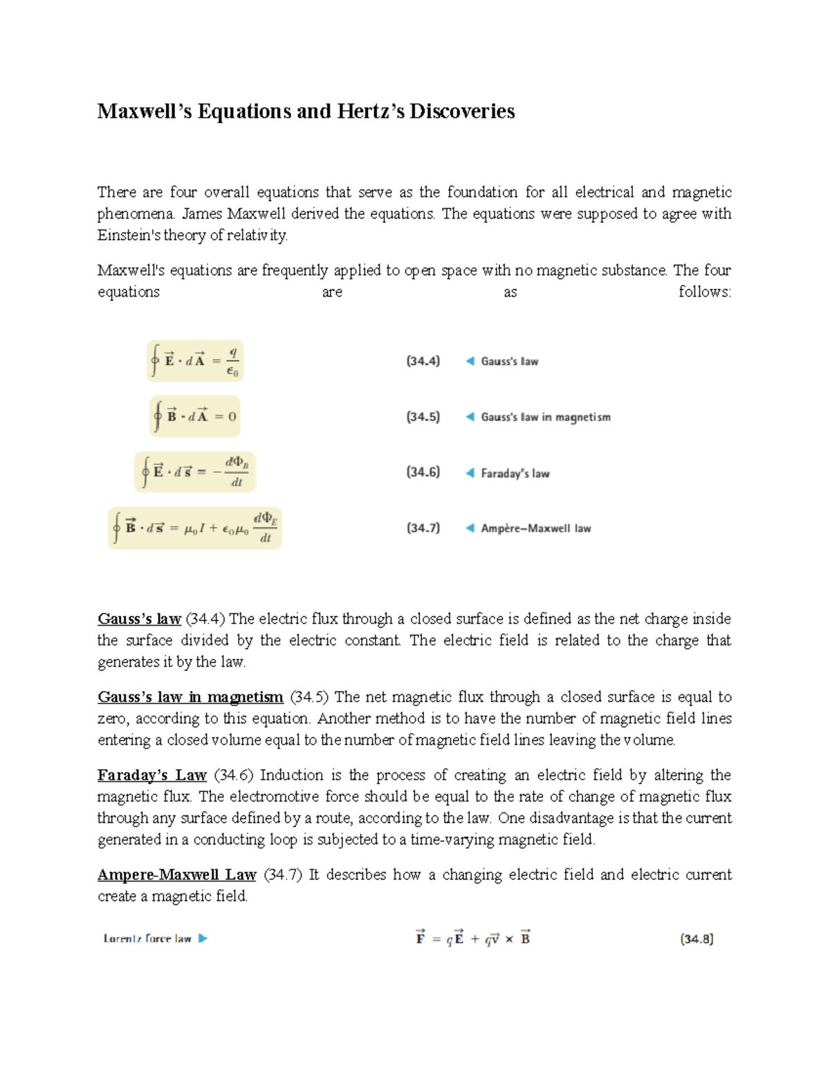 Maxwell Equations and Discoveries - Maxwell’s Equations and Hertz’s ...