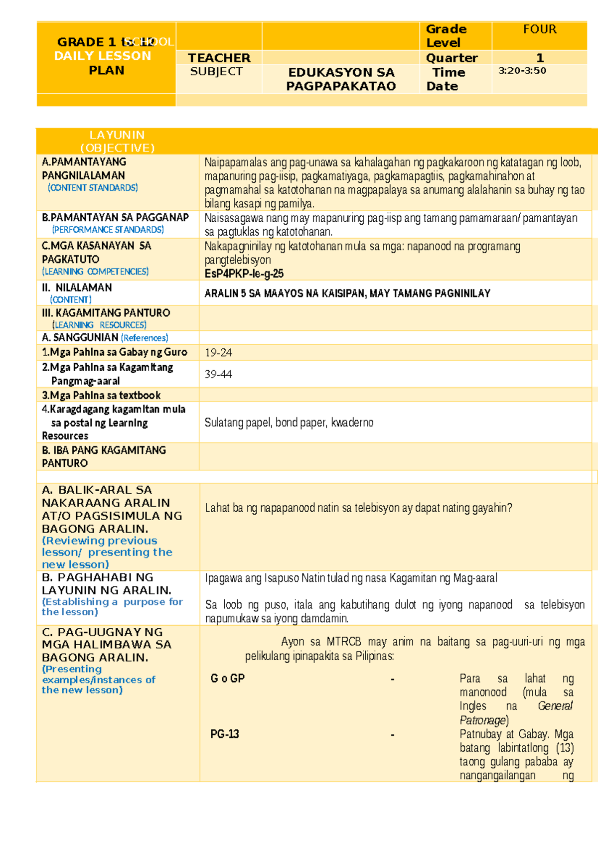 COT ESP 3 - cot esp3 - GRADE 1 to 12 DAILY LESSON PLAN SCHOOL Grade ...