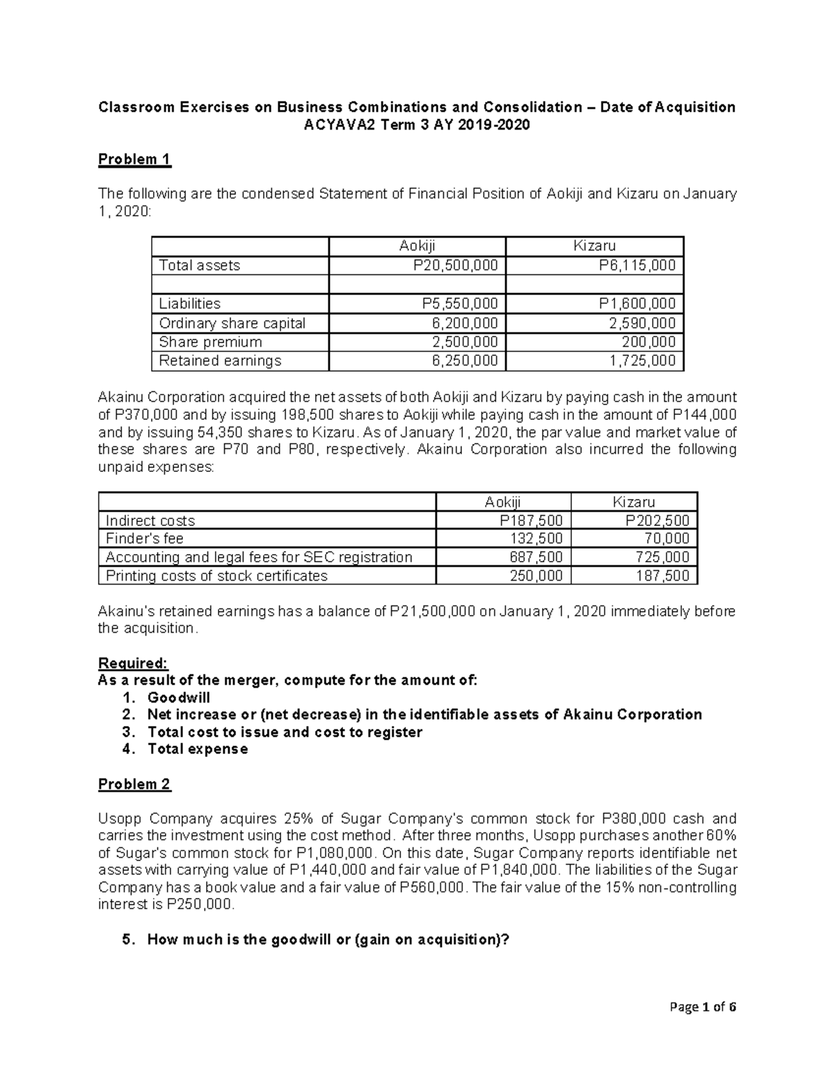 Classroom Exercises on Business Combinations and Consolidation - Date ...