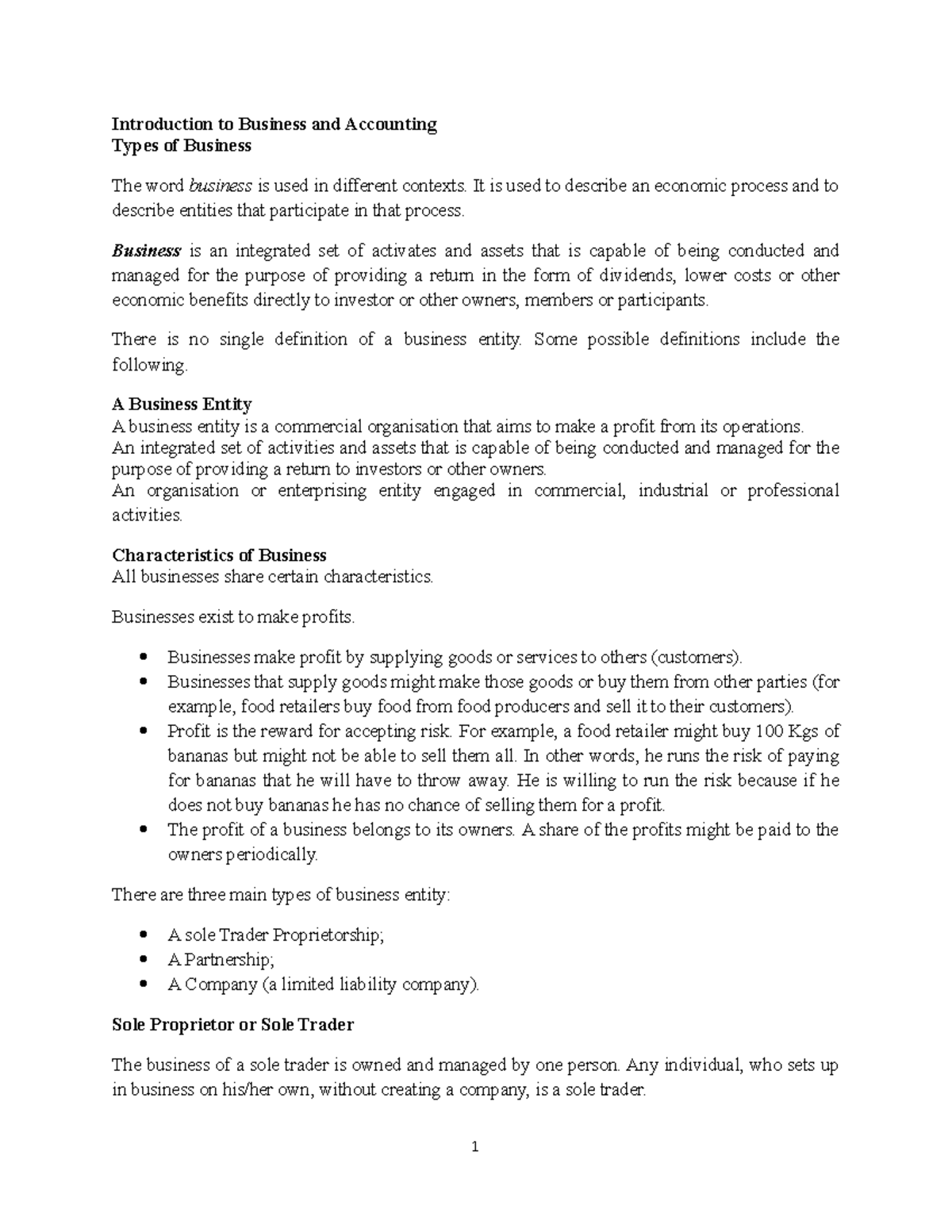 Introduction to Business and Accounting Notes - Introduction to ...