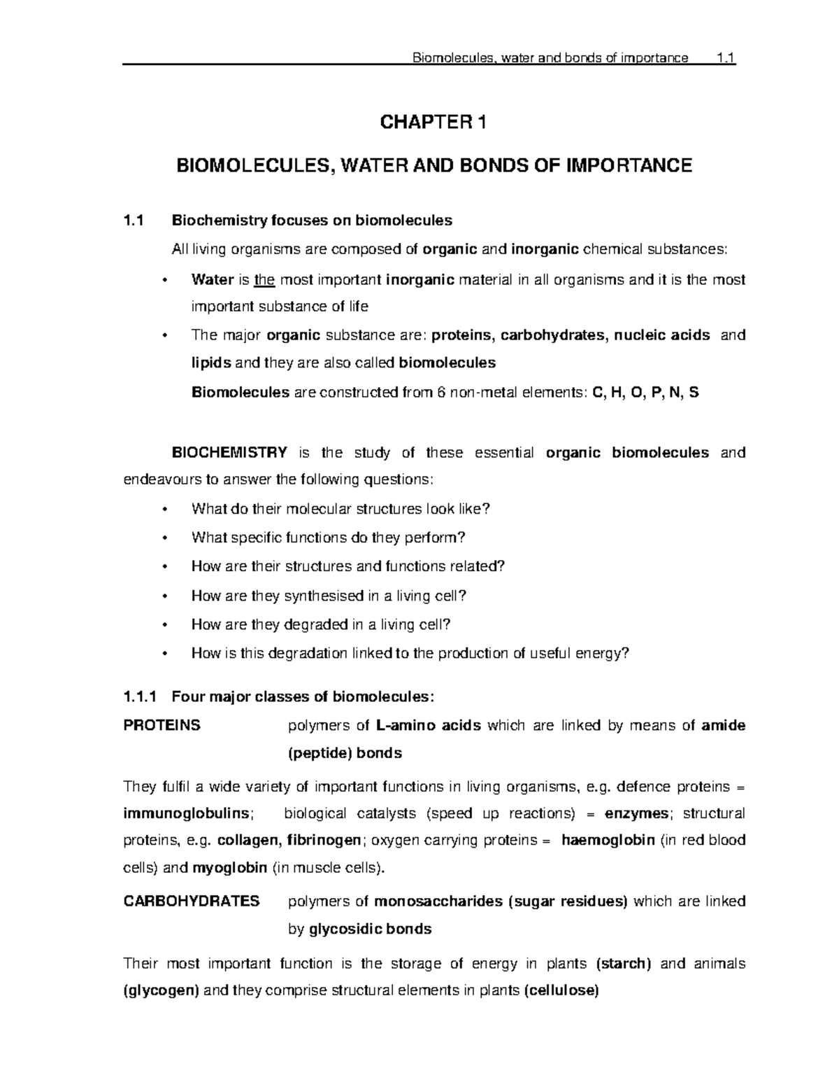 Chapter 1 Biomolecules, water and bonds - CHAPTER 1 BIOMOLECULES, WATER ...