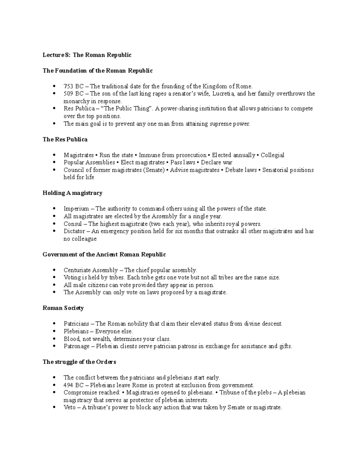 HIST 1101 Lecture 8 - Lecture 8: The Roman Republic The Foundation of ...