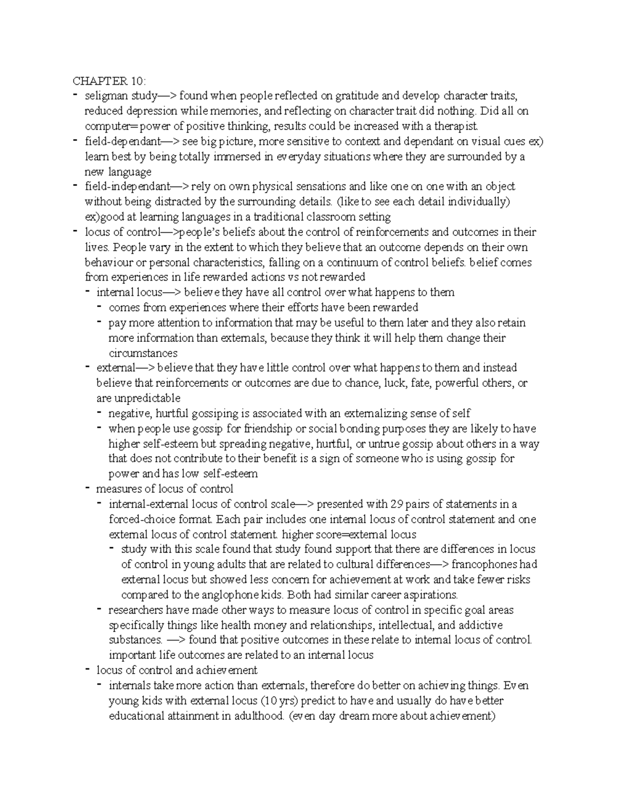 Chapter 10 PDF - CHAPTER 10: - seligman study—> found when people ...