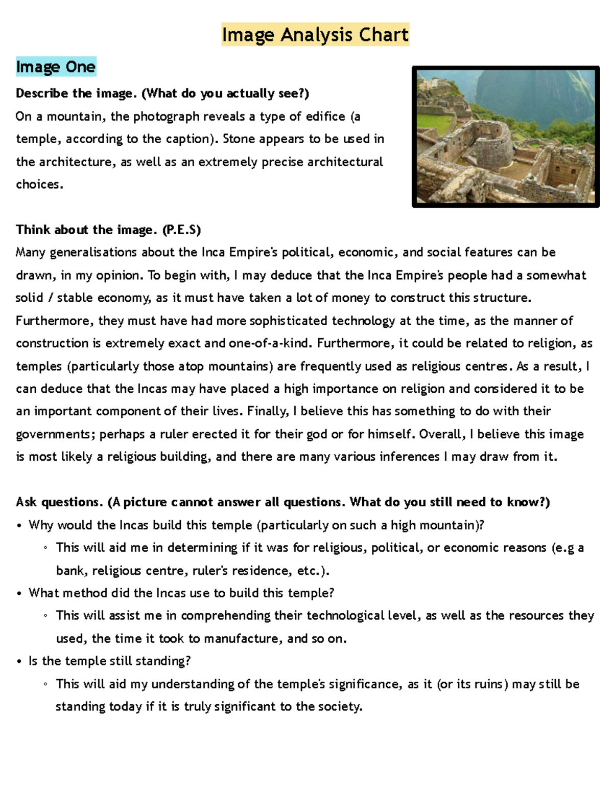 Inca Image Analysis Chart - Image Analysis Chart Image One Describe the ...