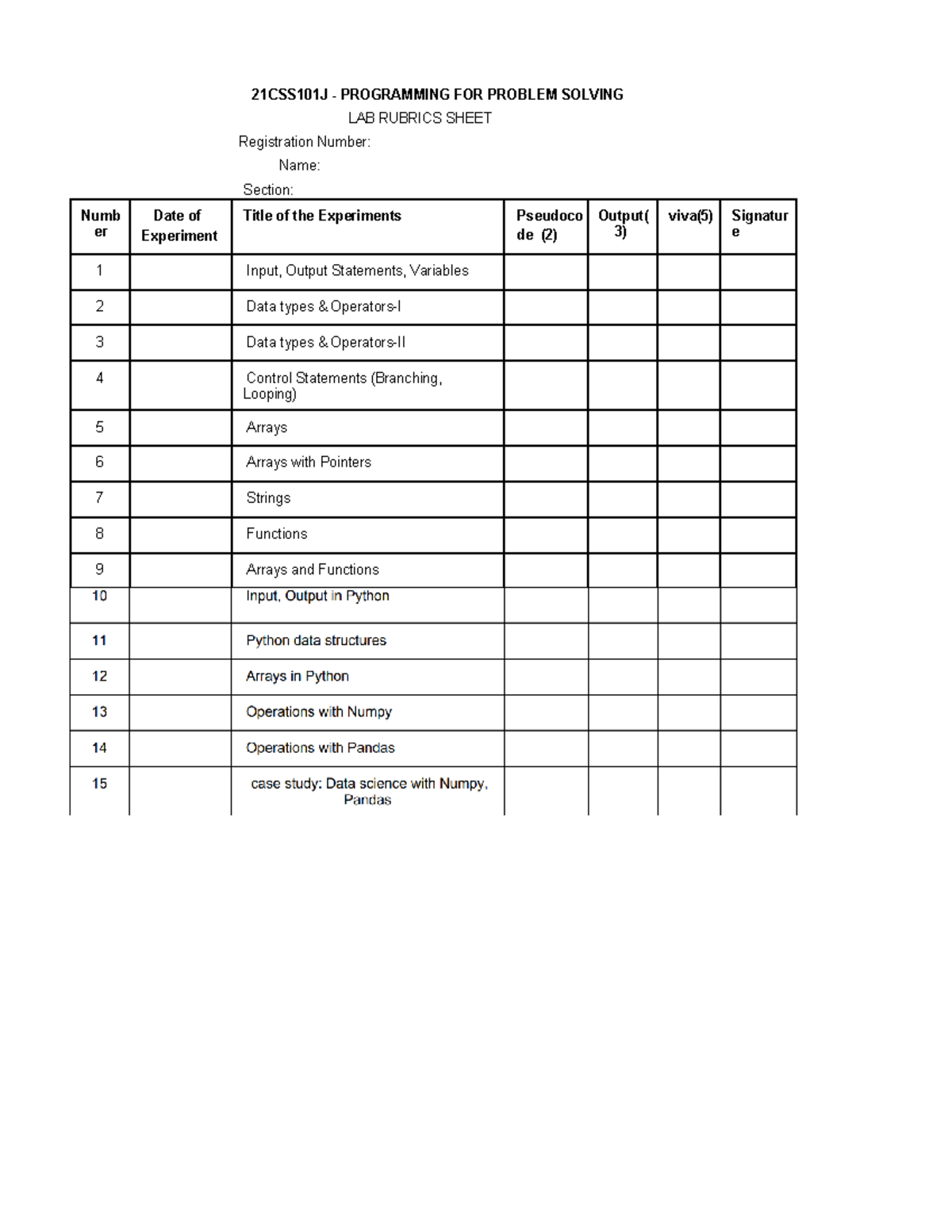 Lab Rubrics - pps science - 21CSS101J - PROGRAMMING FOR PROBLEM SOLVING ...