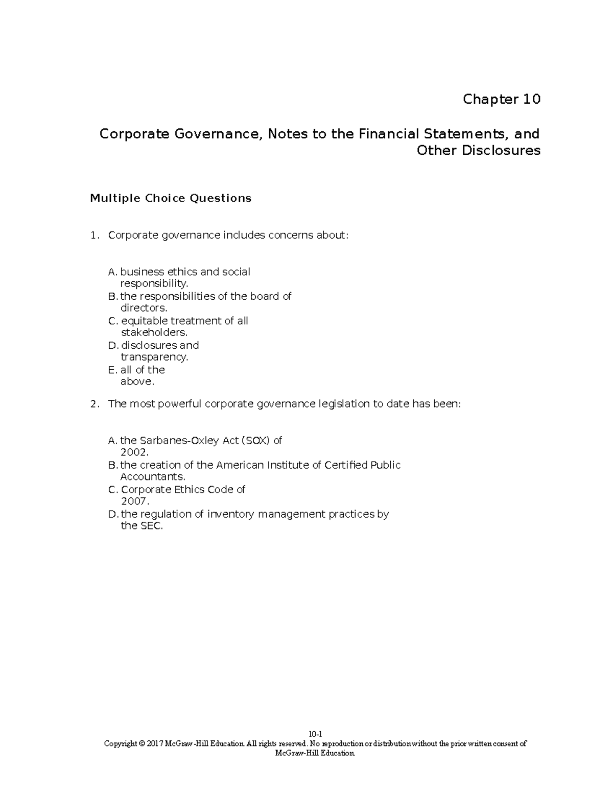 TBChap 010 - questions and answer - Chapter 10 Corporate Governance ...