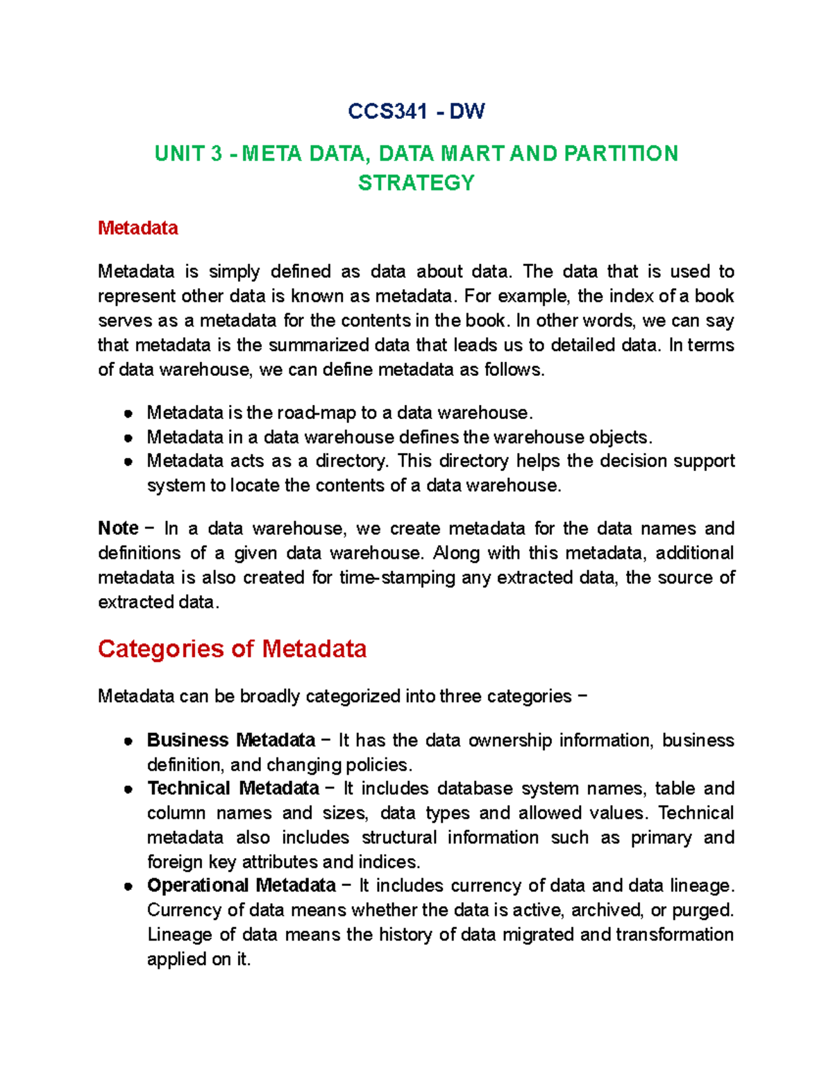 Unit 3,4,5 - DW (Autosaved) - CCS341 - DW UNIT 3 - META DATA, DATA MART AND PARTITION STRATEGY ...