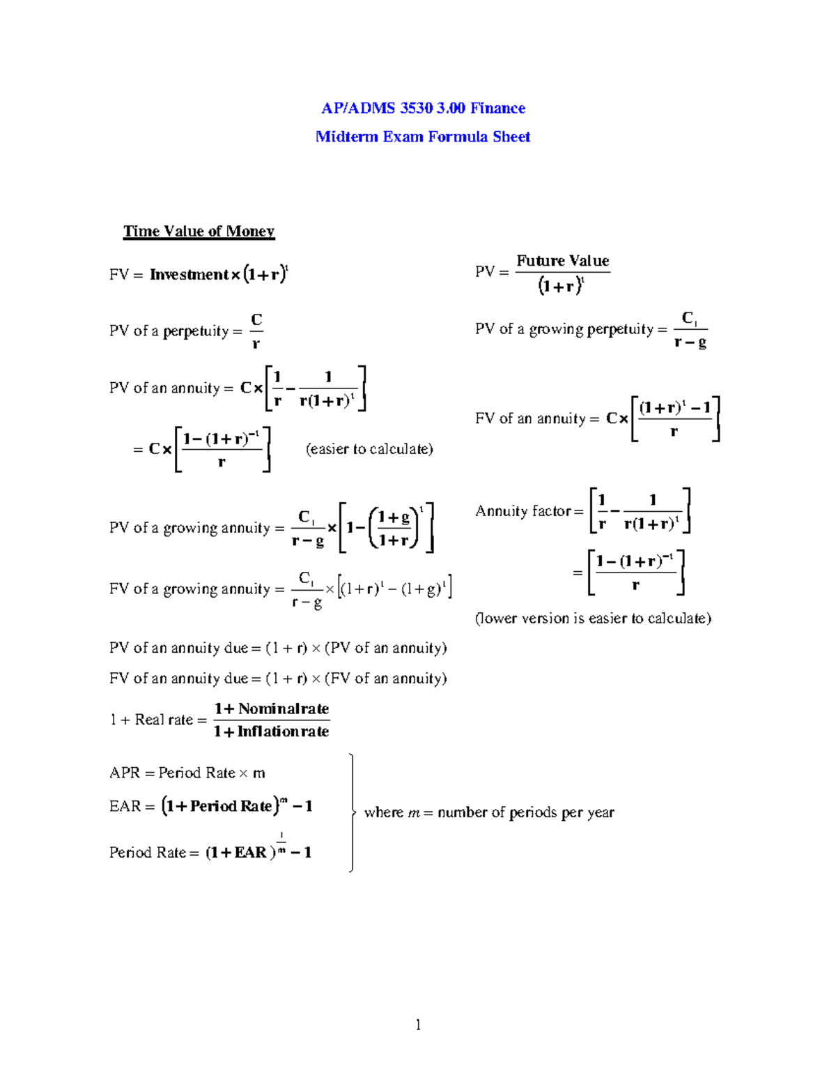 ADMS3530 Midterm Exam Formula Sheet W23 - 1 AP/ADMS 3530 3 Finance ...