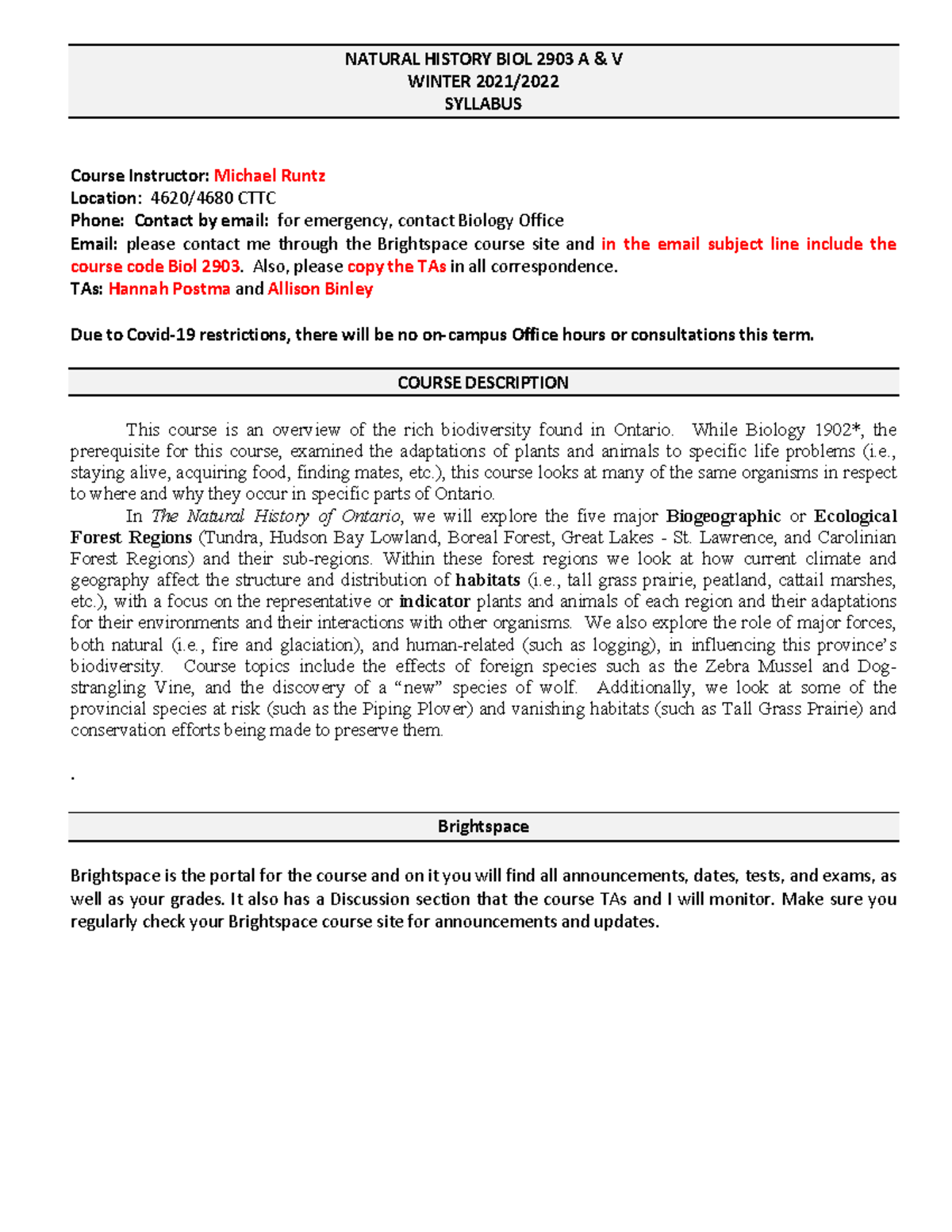 Syllabus for class - NATURAL HISTORY BIOL 2903 A & V WINTER 2021 ...