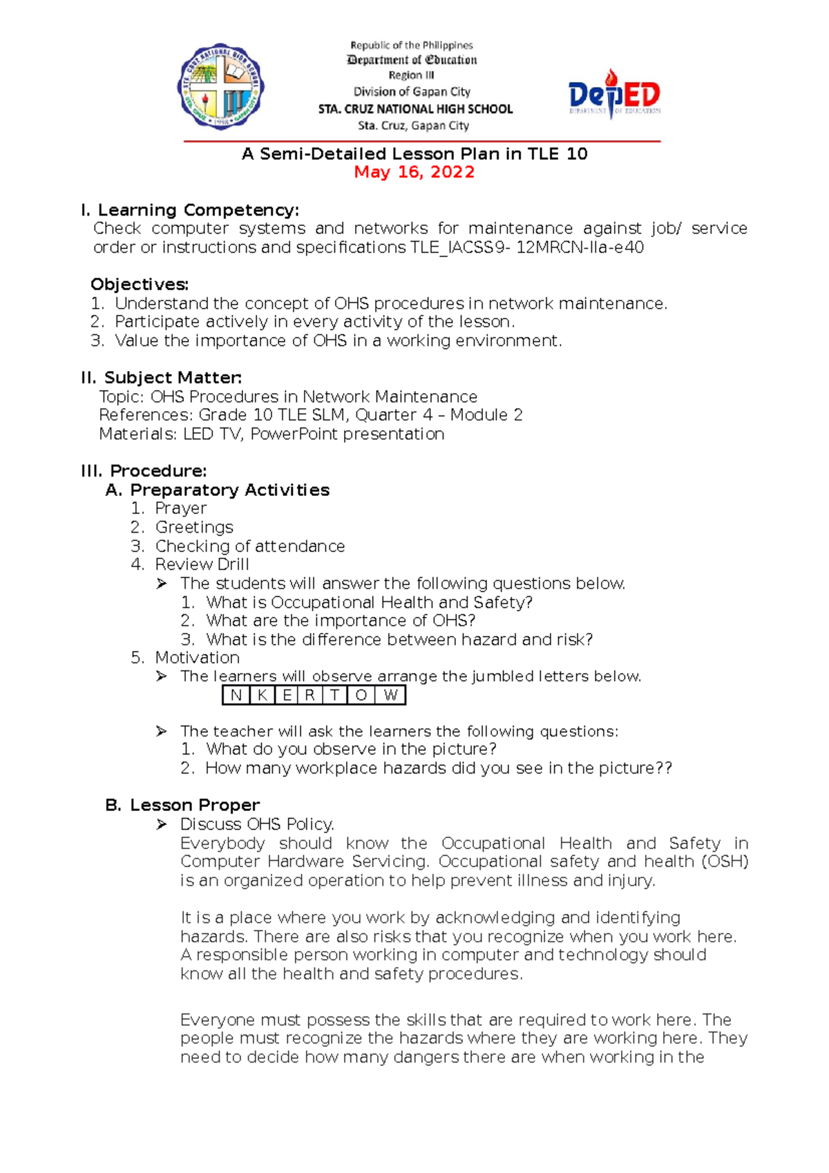 TLE 10 OHS Network Maintenance W2 - A Semi-Detailed Lesson Plan in TLE ...