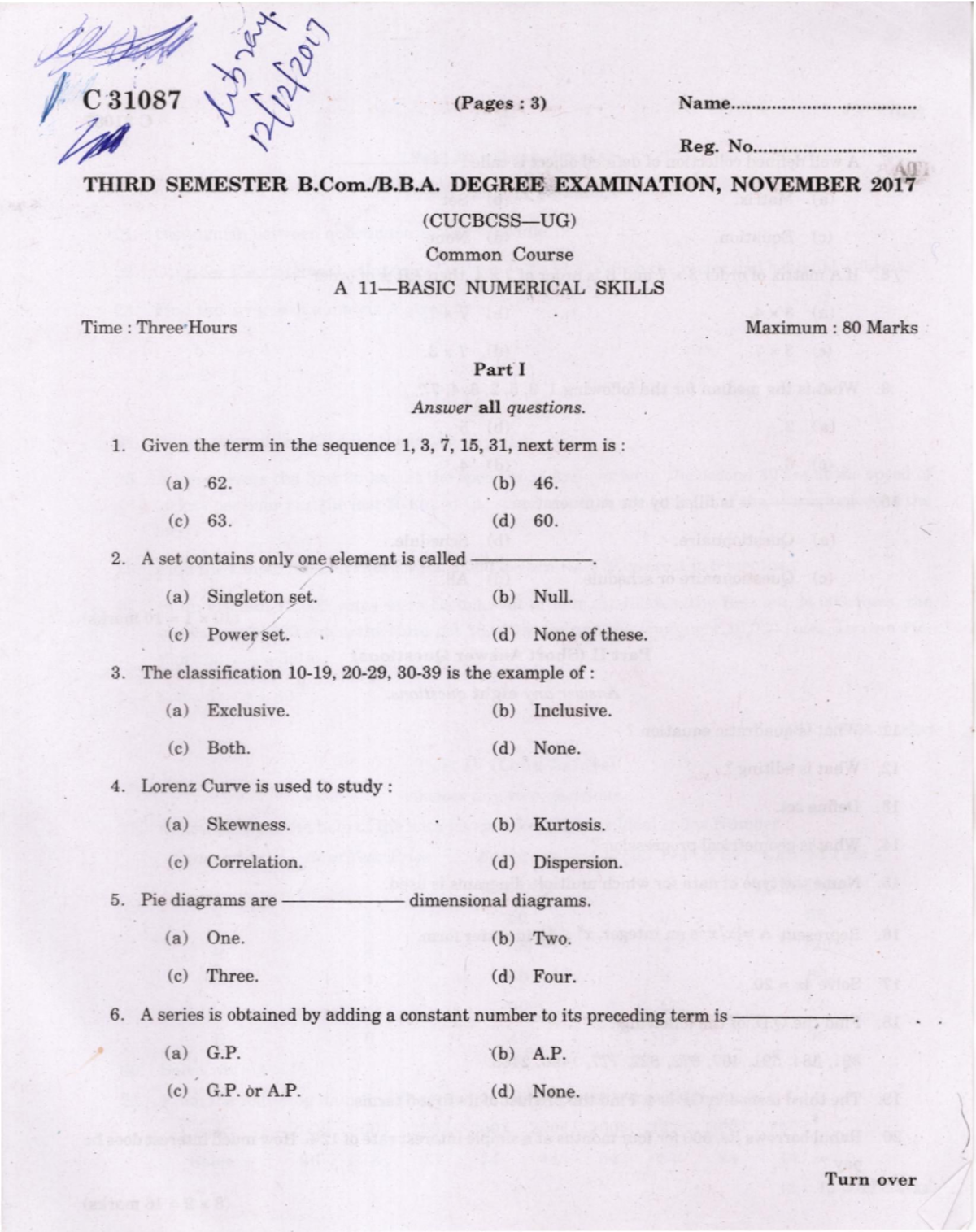 Basic numerical-2017 - Nill - C31087 (Pages : 3) Name Reg. No THIRD ...