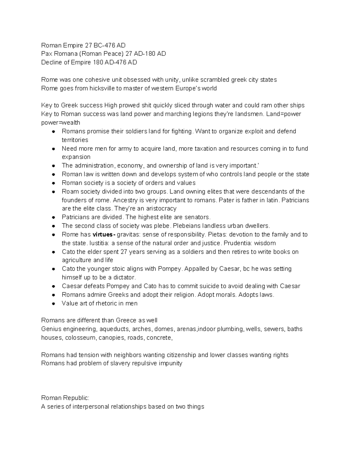Roman Empire - Lecture notes all - Roman Empire 27 BC-476 AD Pax Romana ...