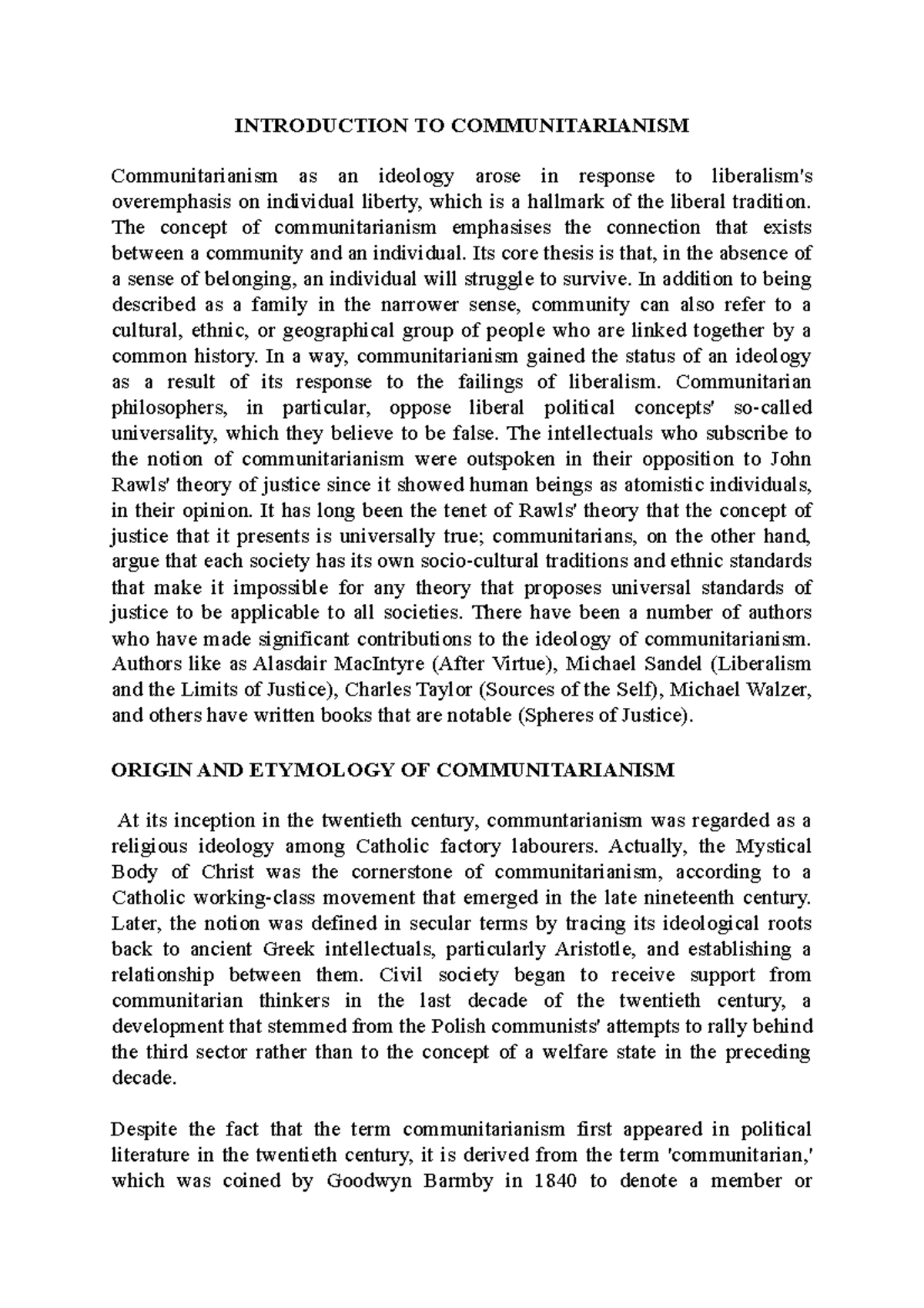 Introduction TO Communitarianism - INTRODUCTION TO COMMUNITARIANISM ...