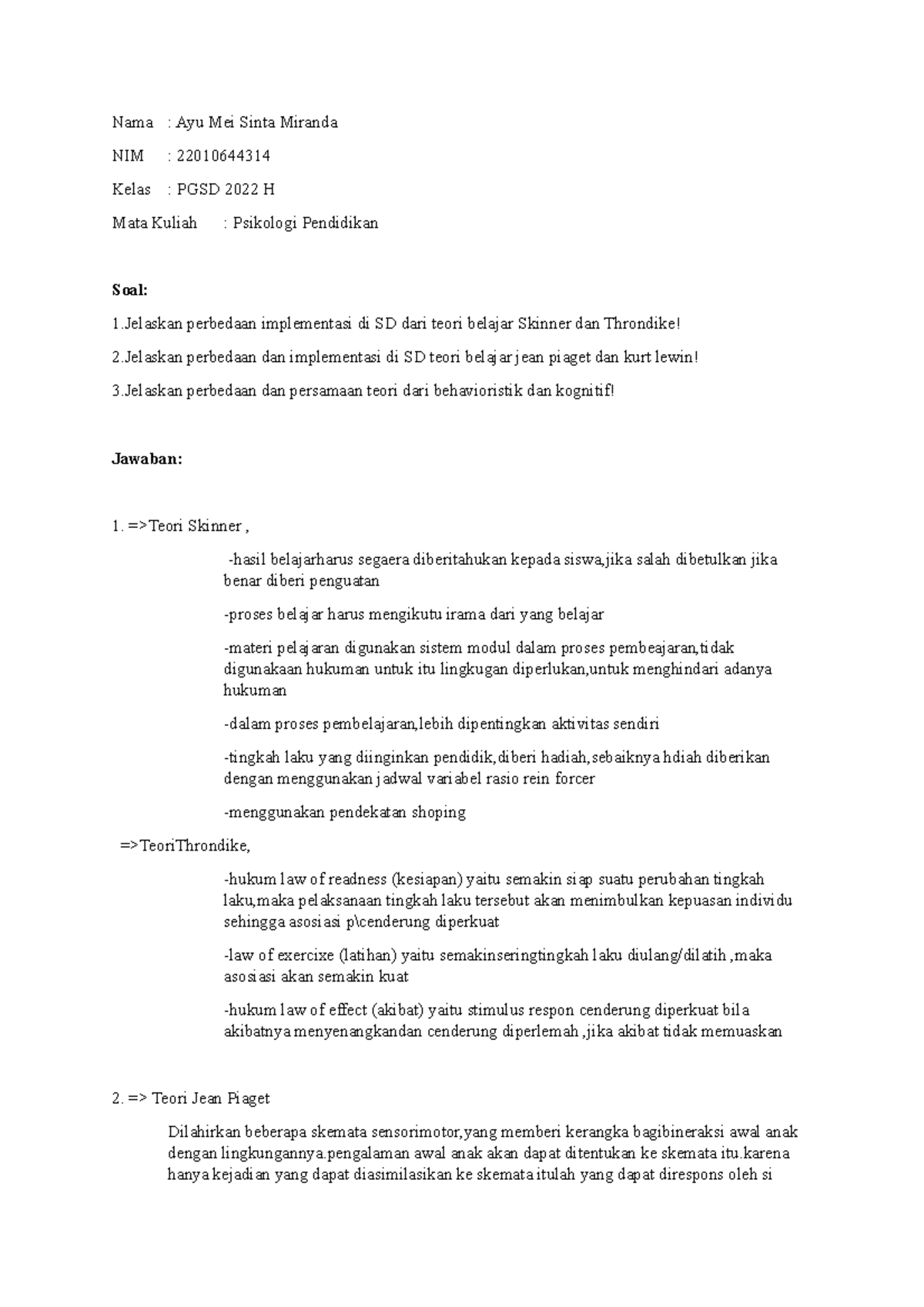 Ayu Mei Sinta M UTS Psiko PEND - Nama : Ayu Mei Sinta Miranda NIM : 22010644314 Kelas : PGSD ...