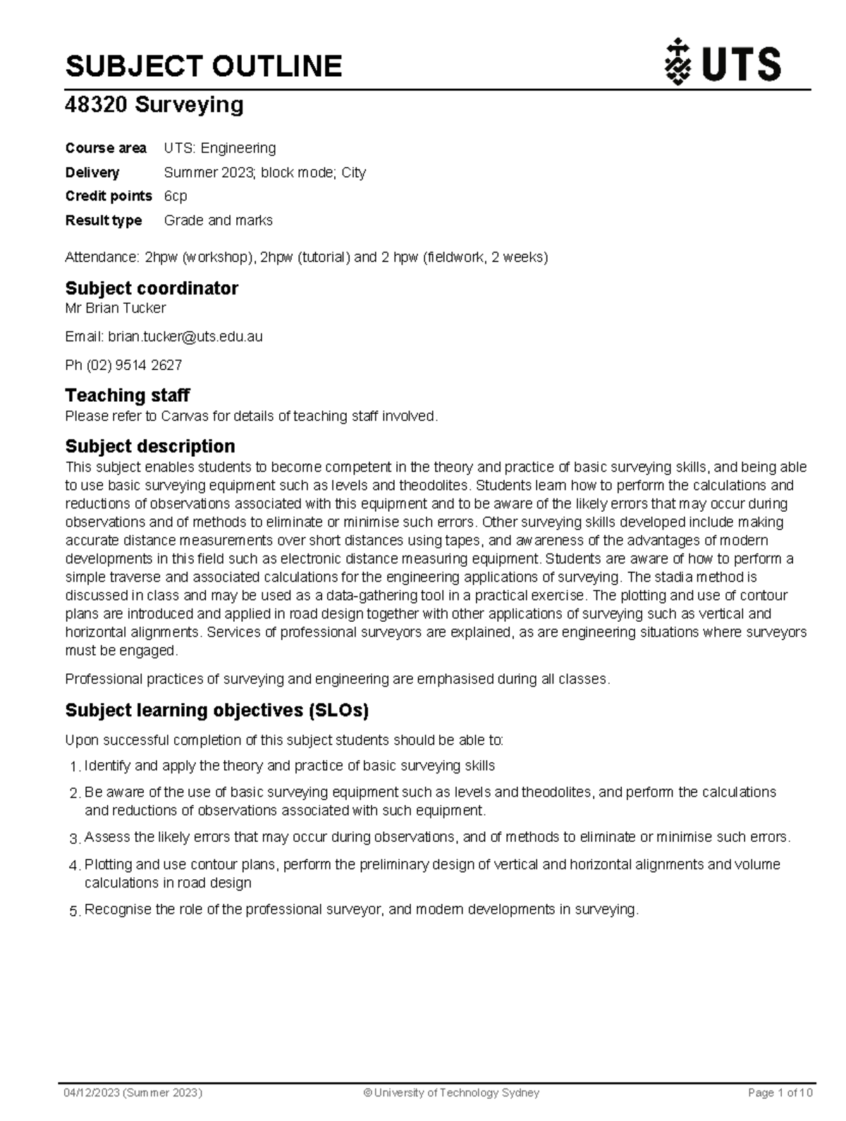 48320 - Surveying - Subject Outline - SUBJECT OUTLINE 48320 Surveying ...