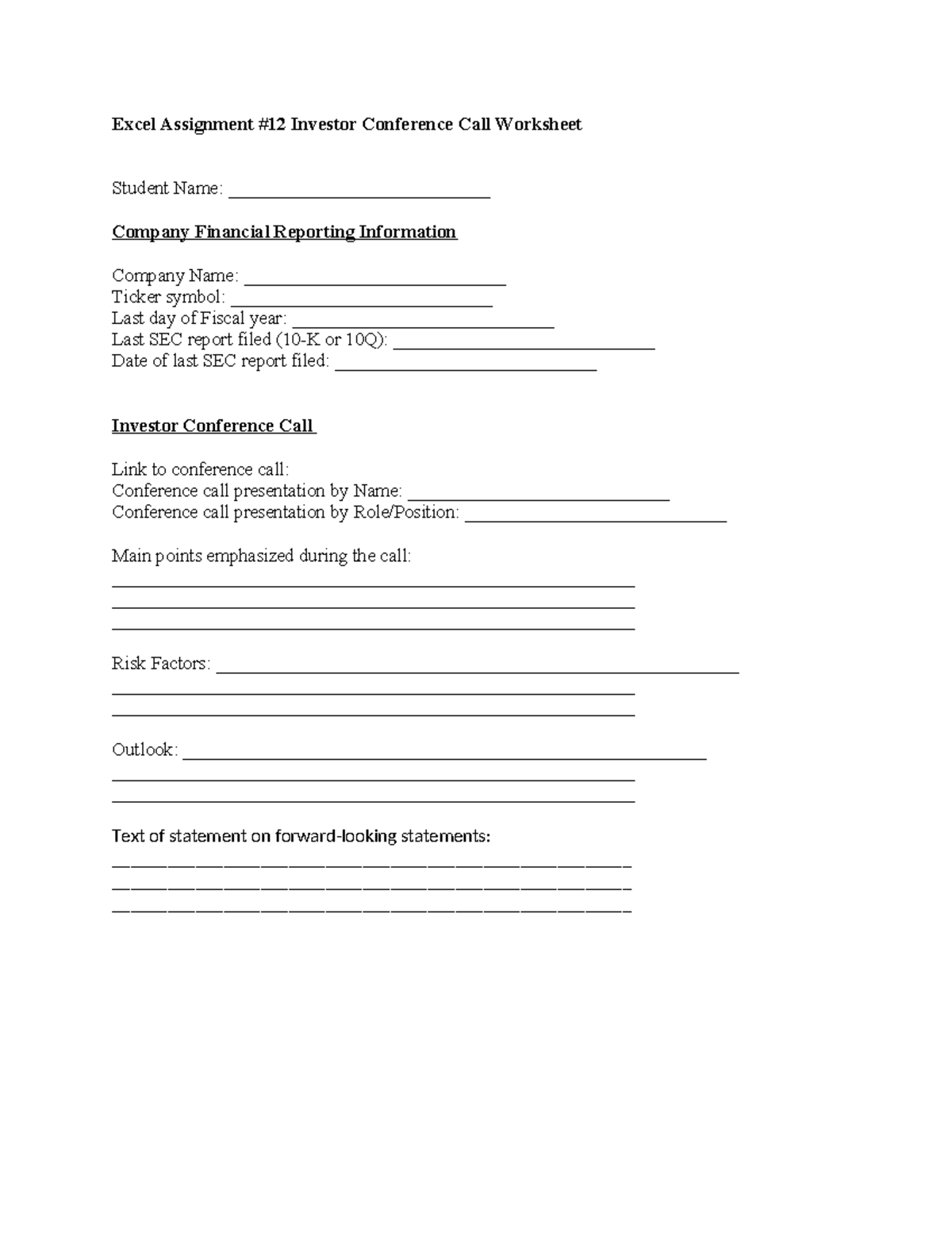 Excel Assignment 12 - Investor Conference Call Worksheet - Studocu