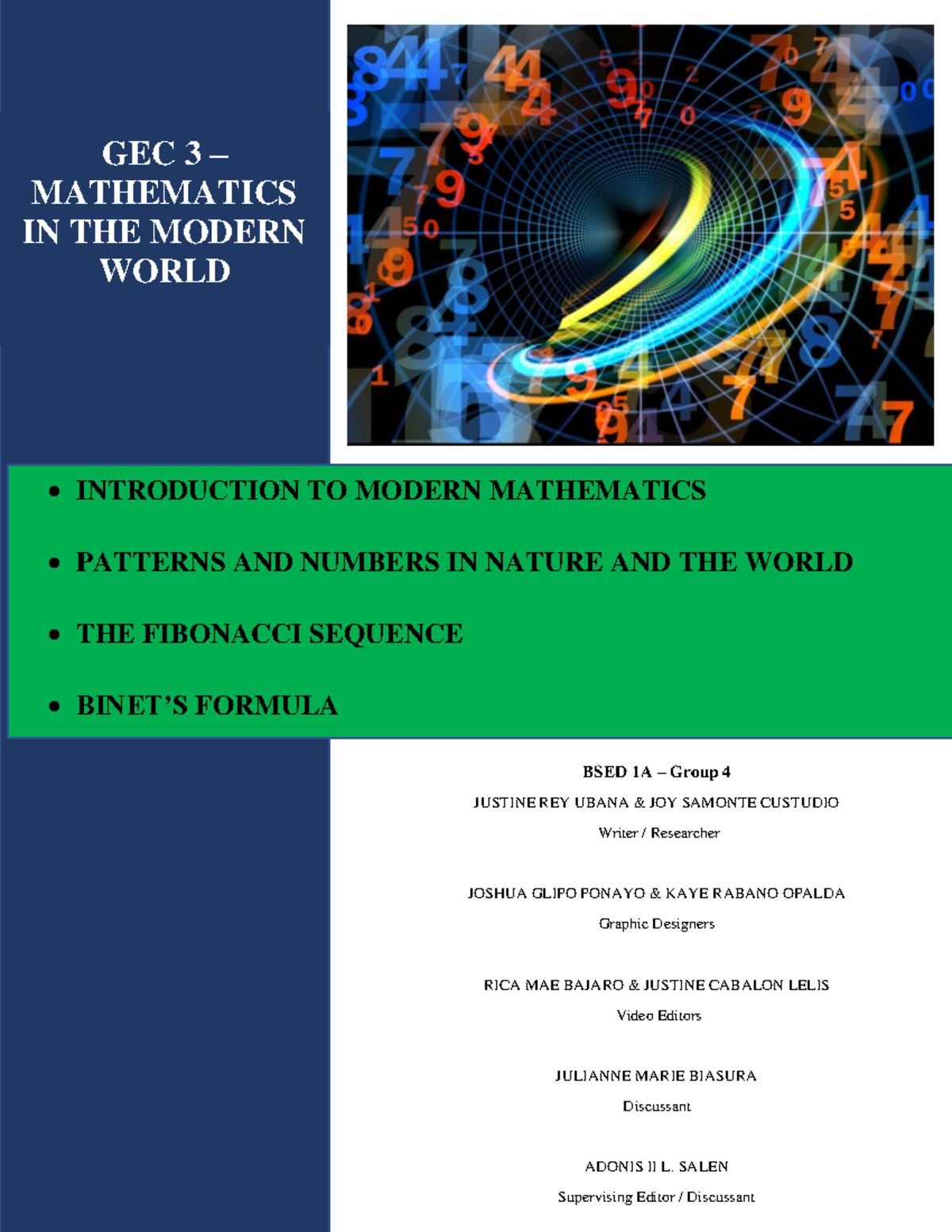 Group 4, Mathematics In The Modern World - college of education - Studocu