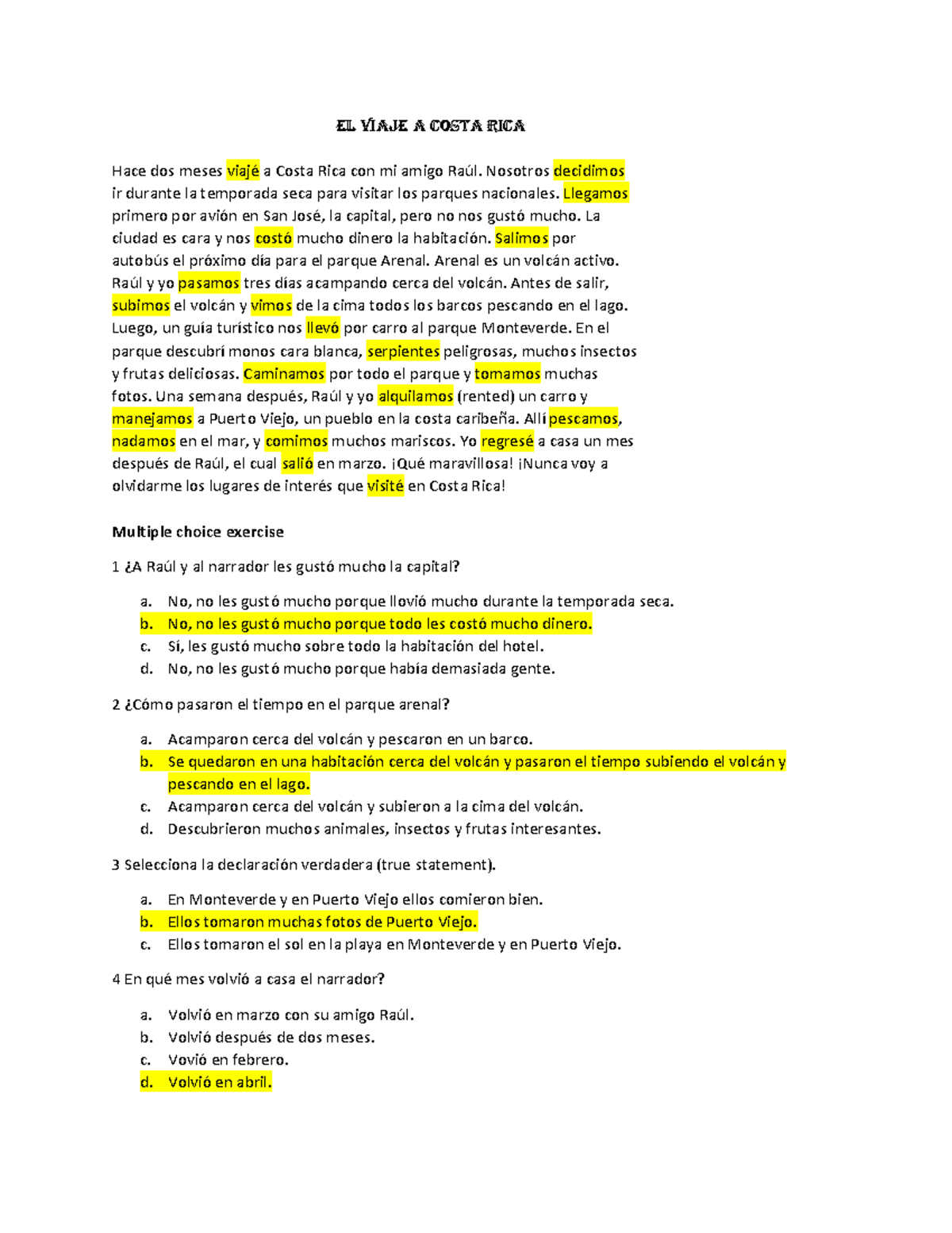 El Viaje a Costa Rica Reading Answer Key - EL VIAJE A COSTA RICA Hace ...