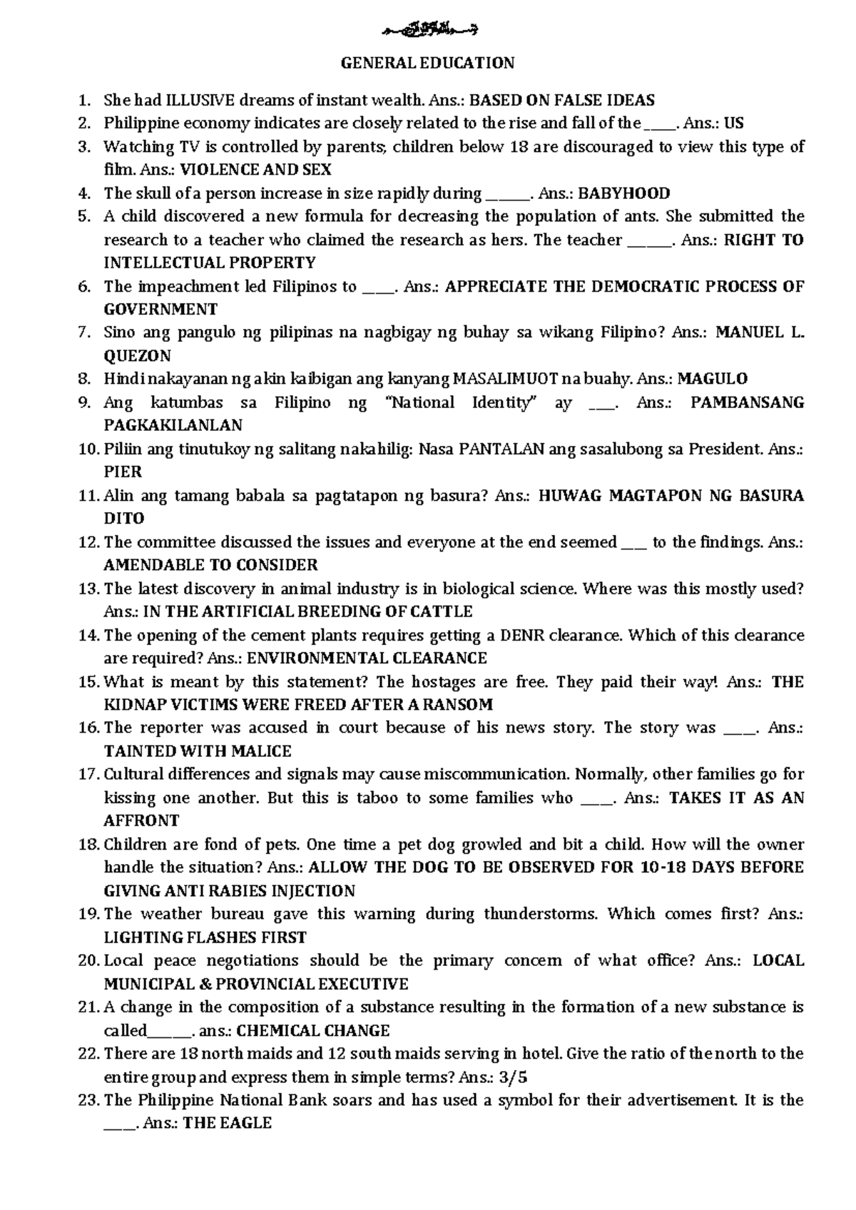 Gen Ed Reviewer Q&A 091612 - GENERAL EDUCATION She had ILLUSIVE dreams ...