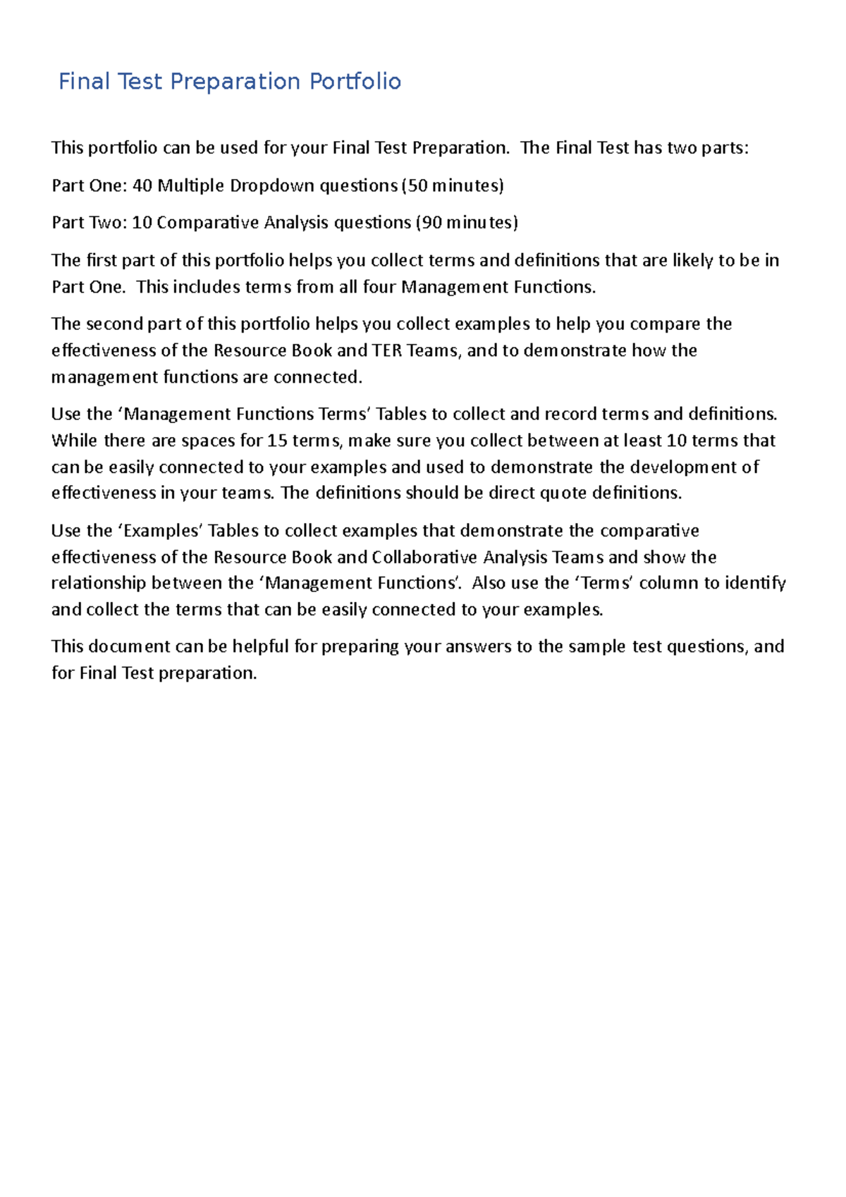 Test Preparation Portfolio - The Final Test has two parts: Part One: 40 ...