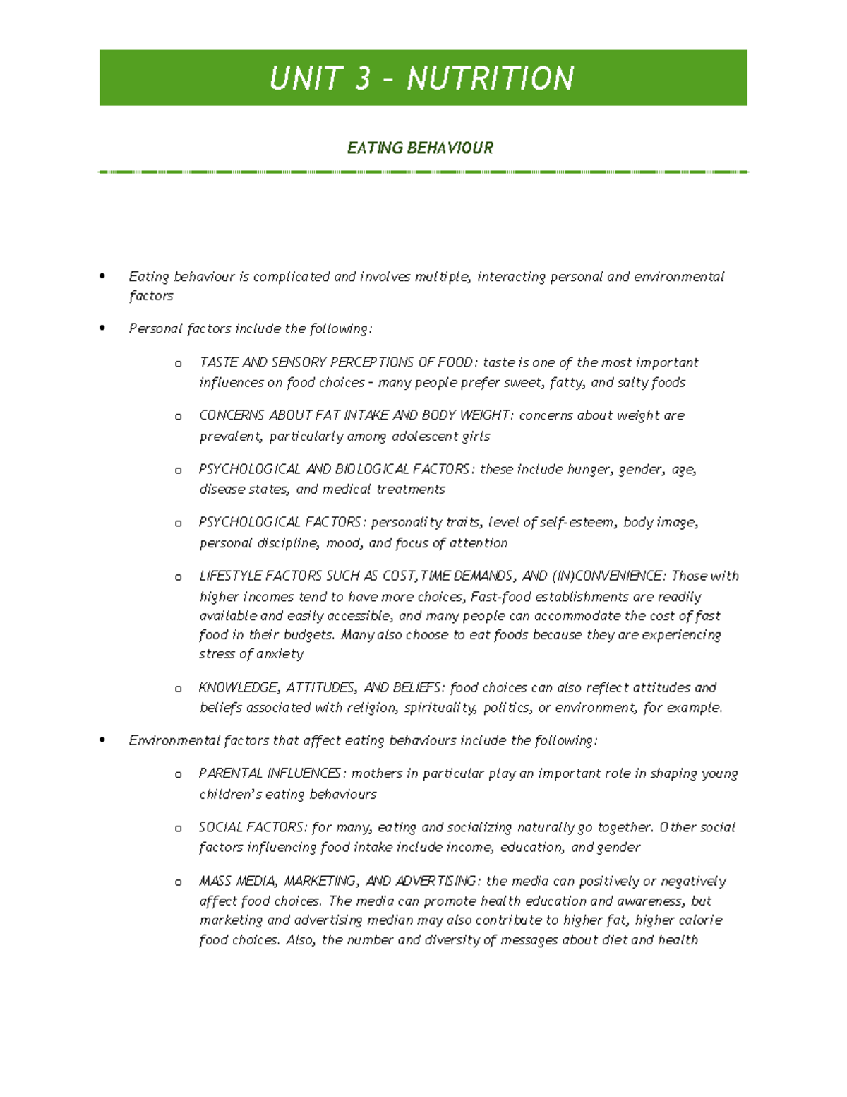 UNIT 3 Study notes - UNIT 3 – NUTRITION EATING BEHAVIOUR Eating ...