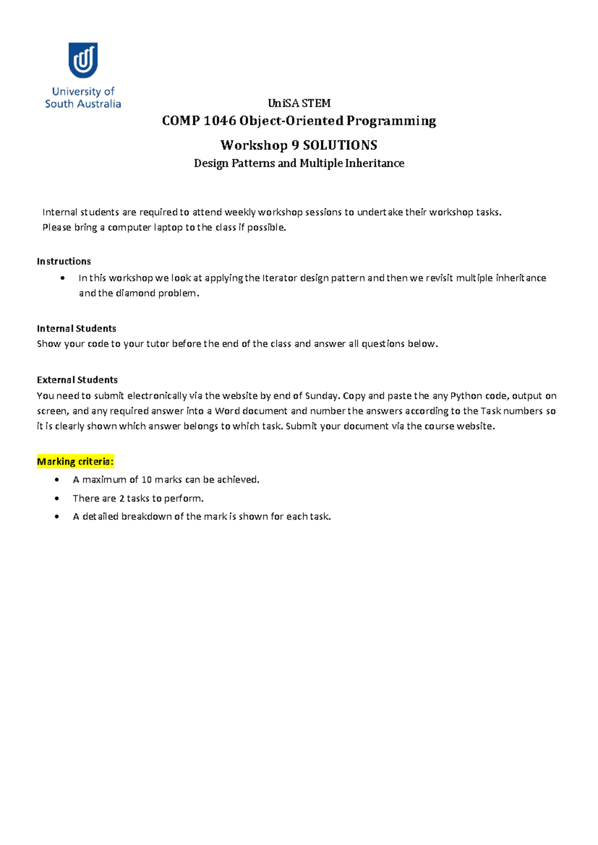 COMP 1046 WS 09 Design Patterns and Multiple Inheritance SOL - UniSA STEM COMP 10 46 Object ...