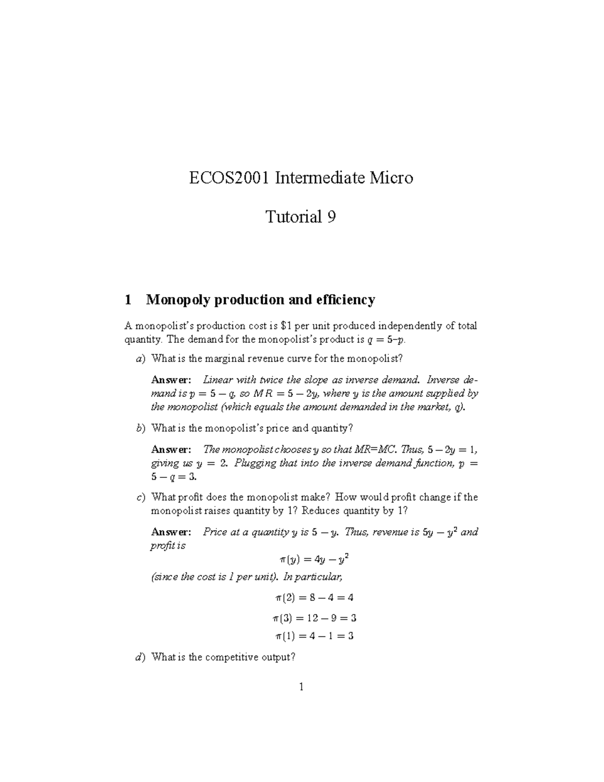 ECOS2001 Tutorial 9 (with answers) - ECOS2001 Intermediate Micro ...